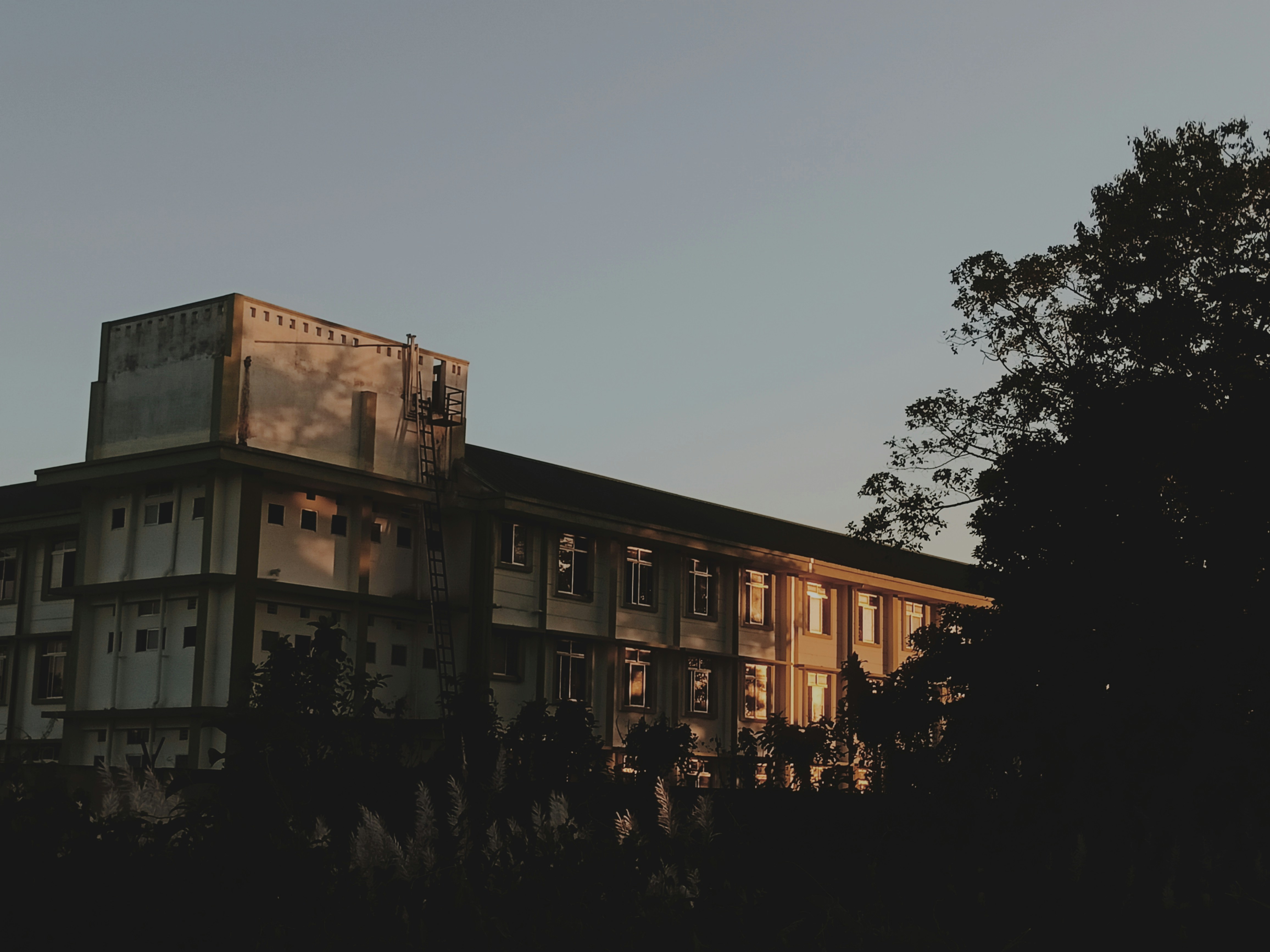 Old building illuminated by the warm glow of sunset, surrounded by lush vegetation. The scene captures a moment of tranquility as day transitions to night.