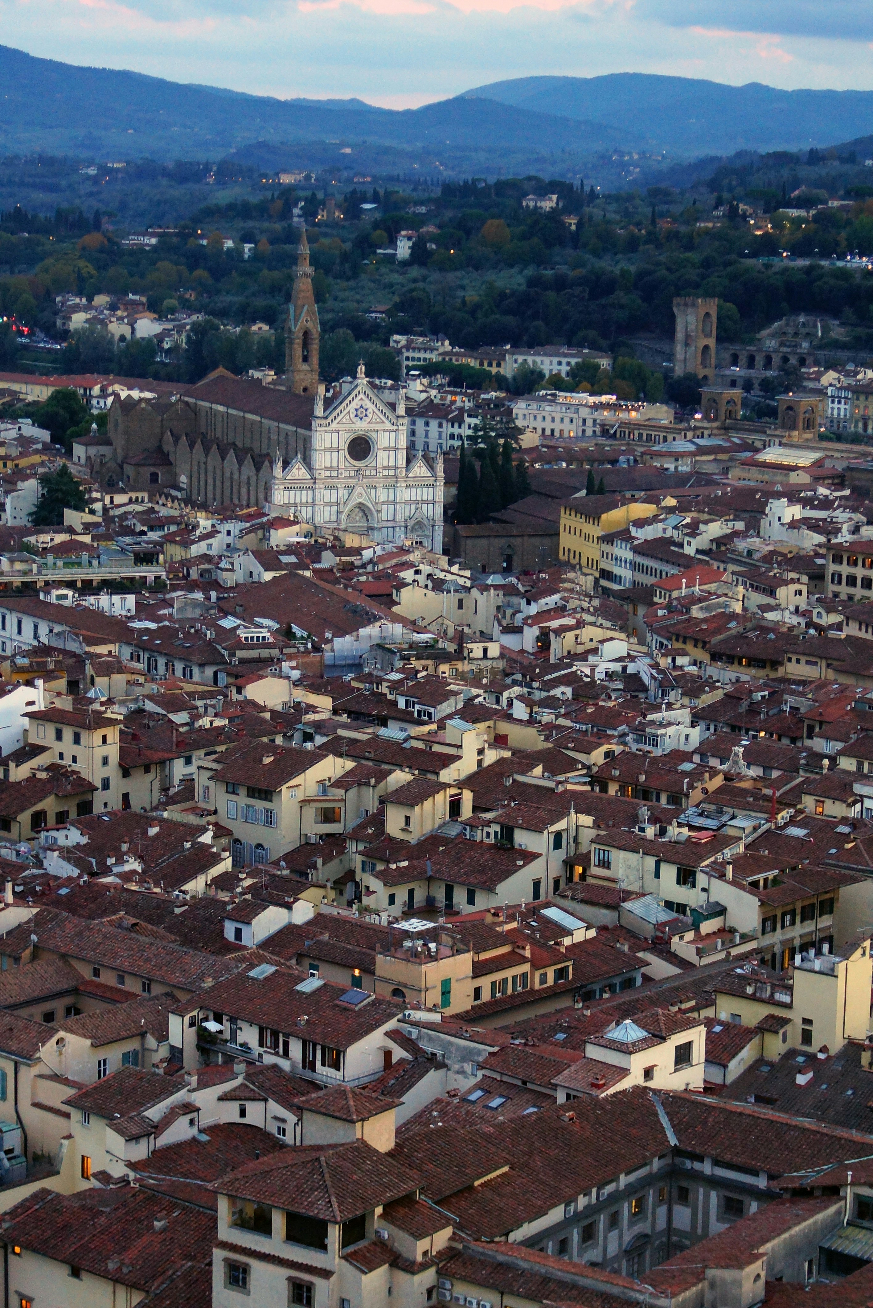 Old city Florence rooftops at dusk in Tuscany, Italy.