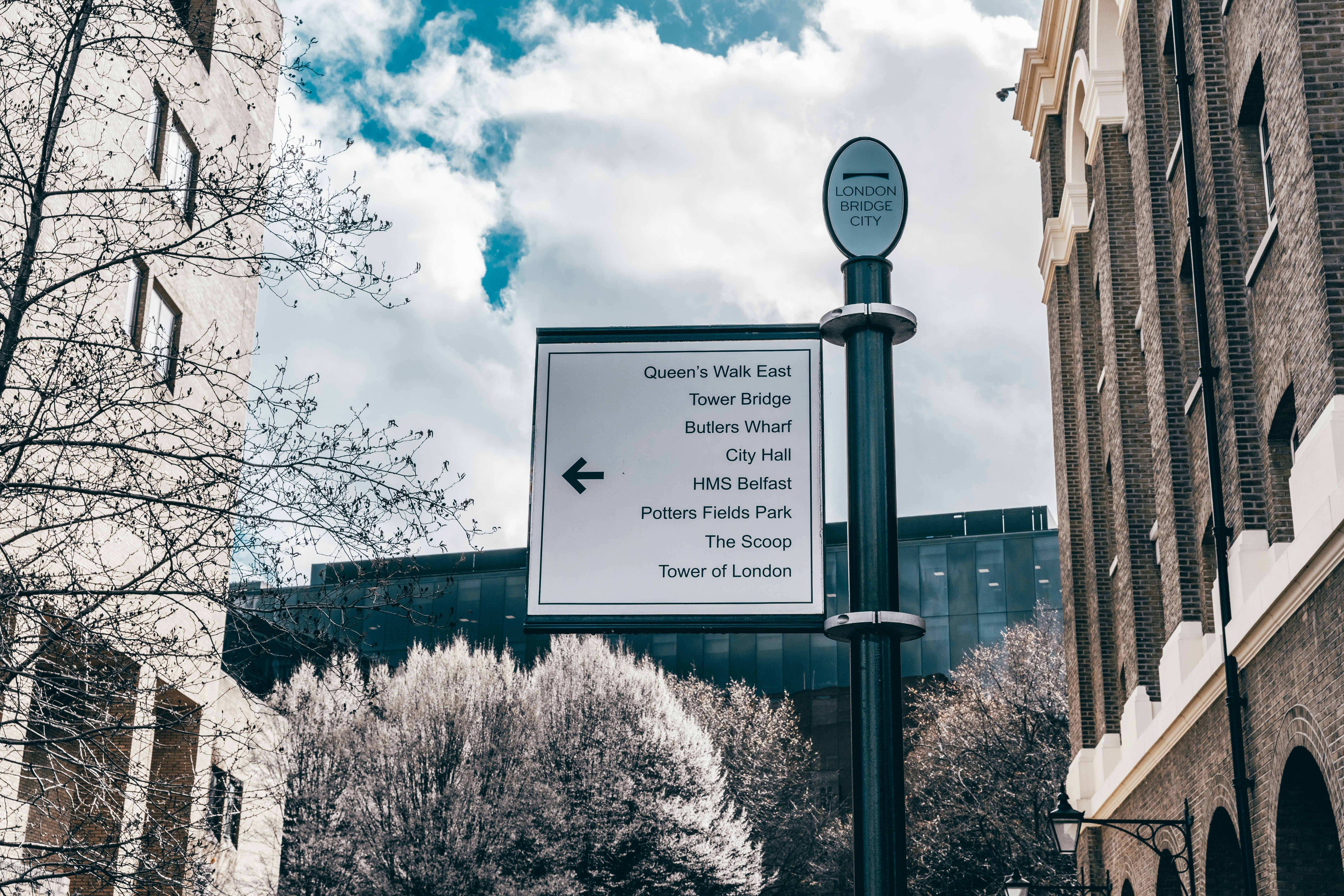 Signpost in the City Corridor: Brick Facades and Spring Trees