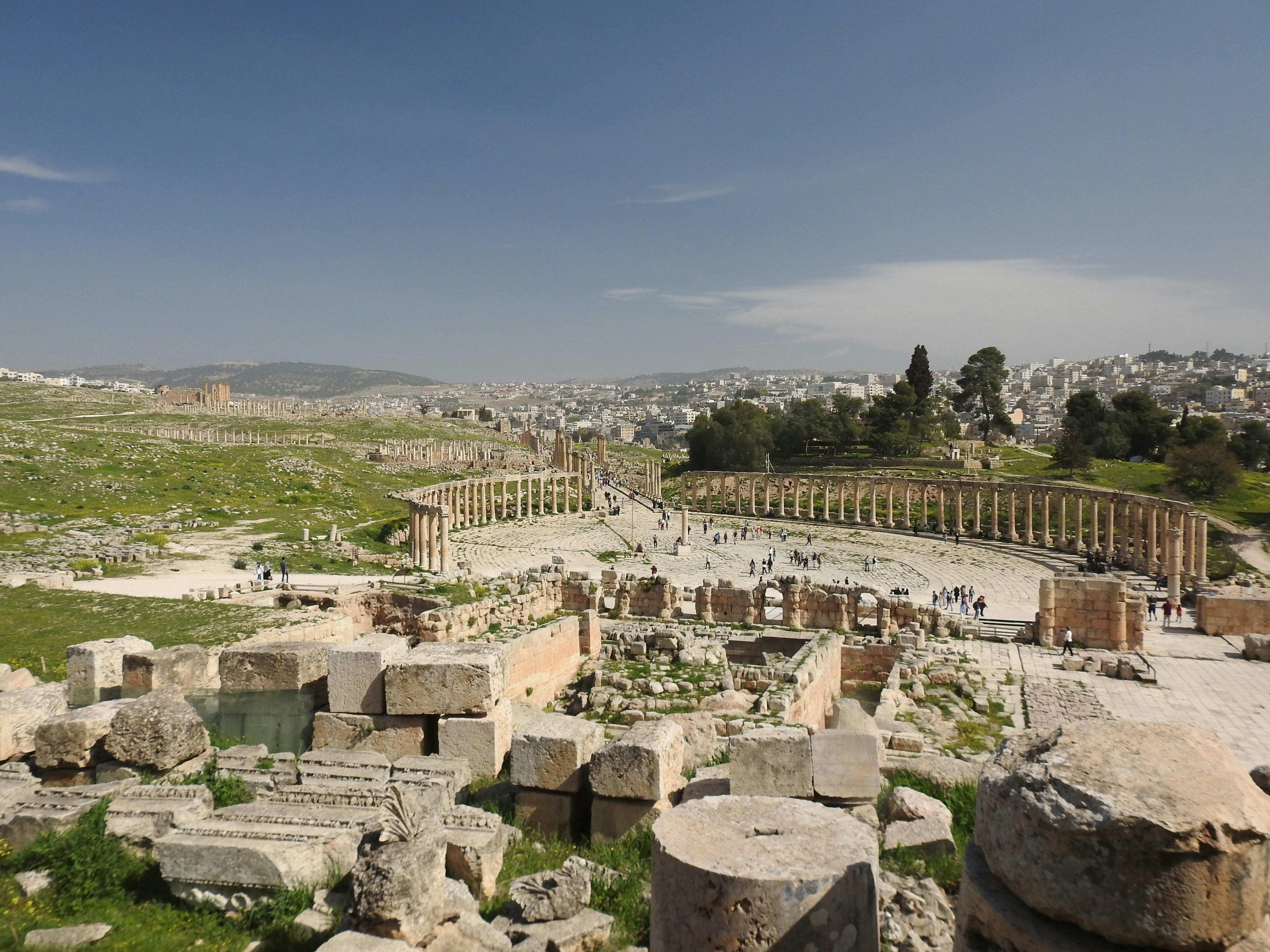 Expansive view of the ancient ruins in Jerash, featuring well-preserved columns and stone structures amidst a lush green landscape.