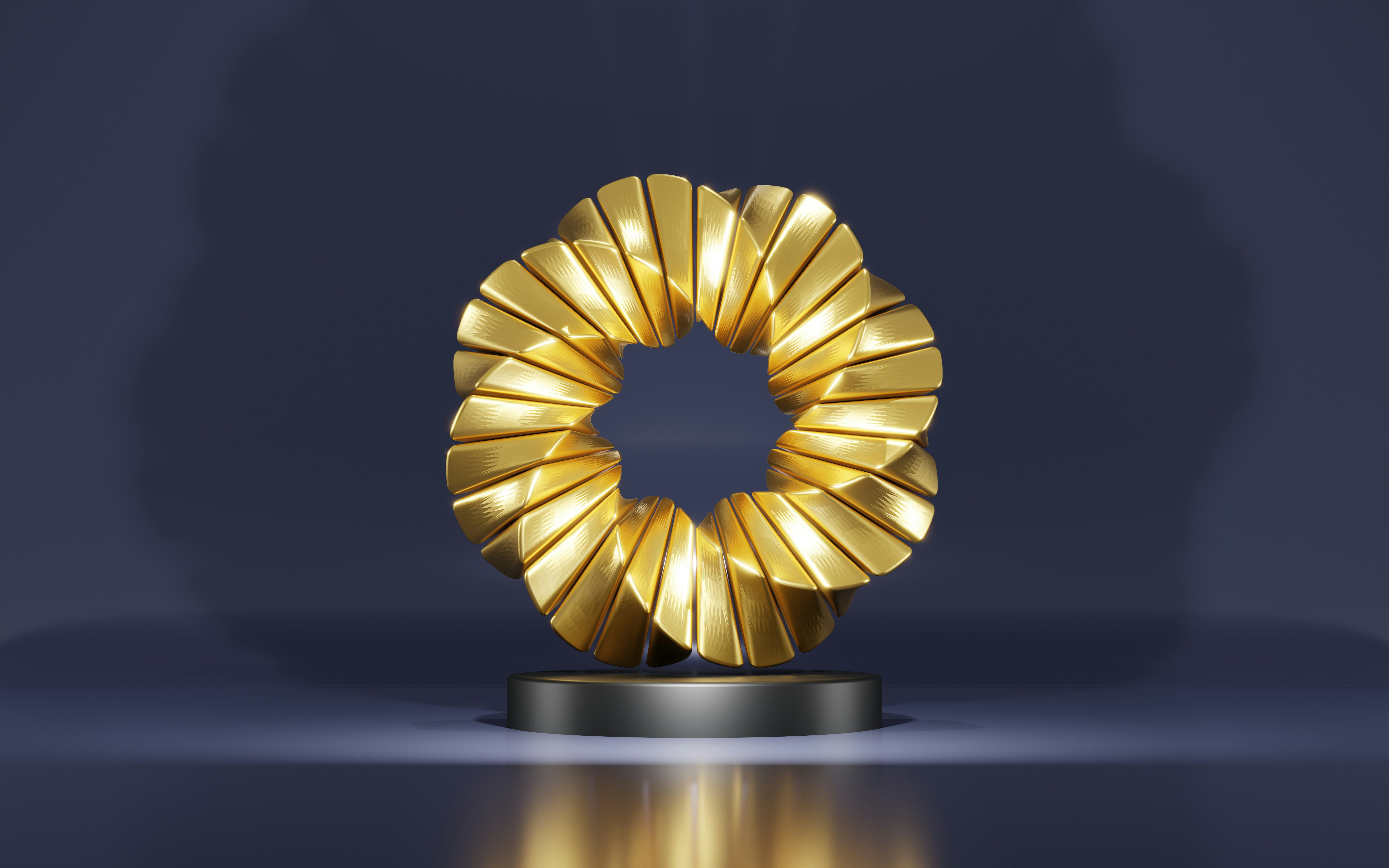 A golden object on a black stand on a blue background photo – Free 3d ...