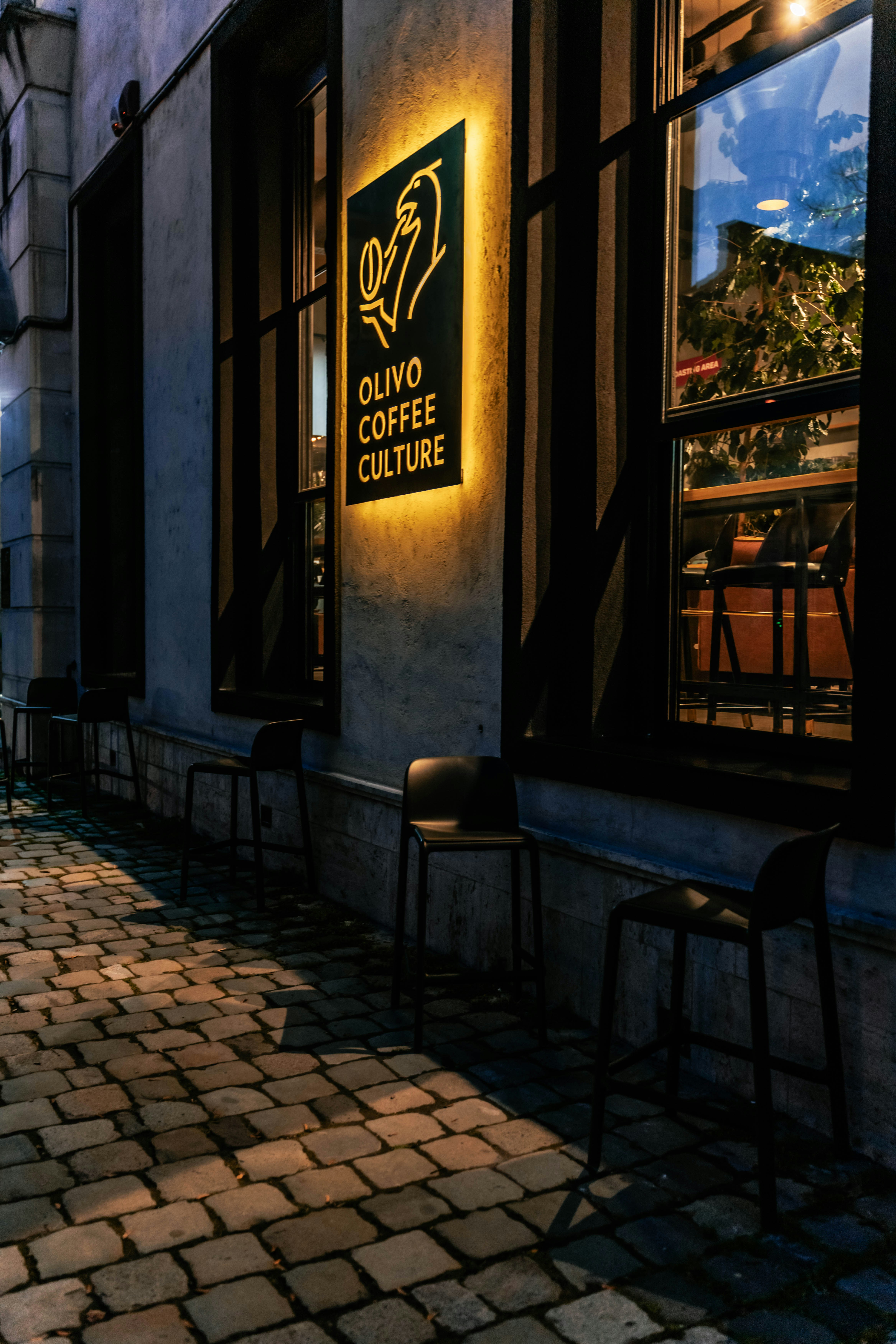Illuminated Olivo Sign Casting Warm Glow on a Quiet Cobblestone Night