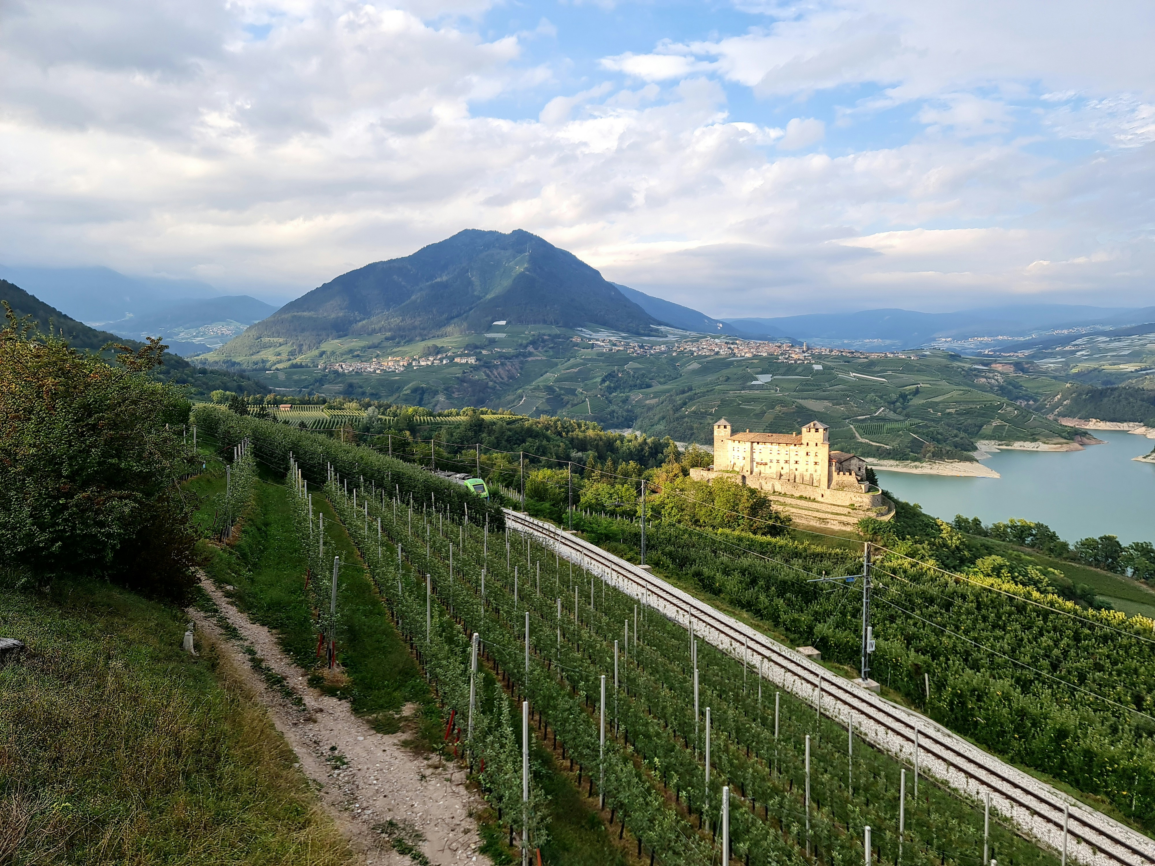 Vineyard Aisles Converge on a Lakeside Castle Beneath Alpine Peaks