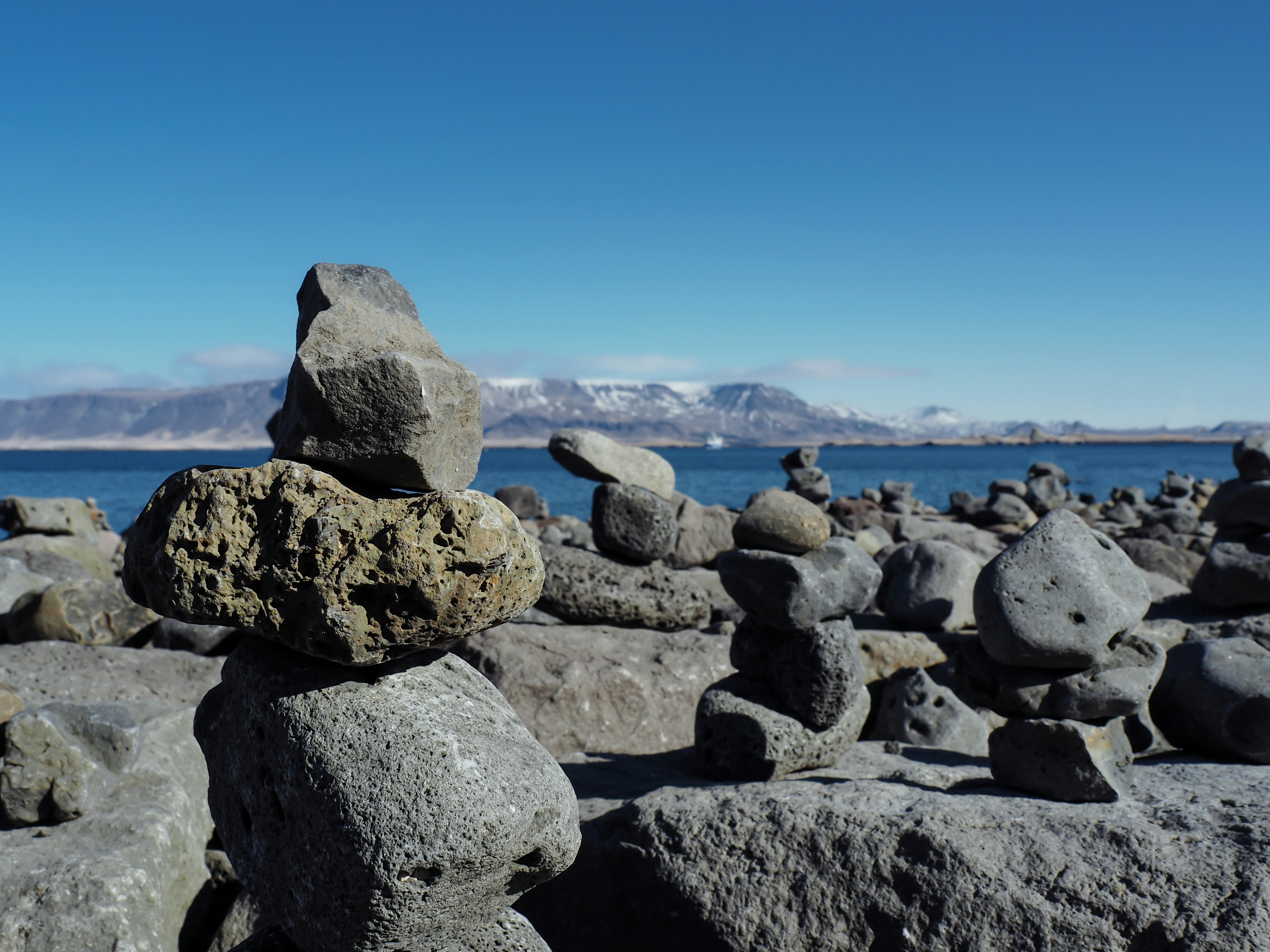 Beach stone pyramids near Harpa of Reykjavik, Iceland.