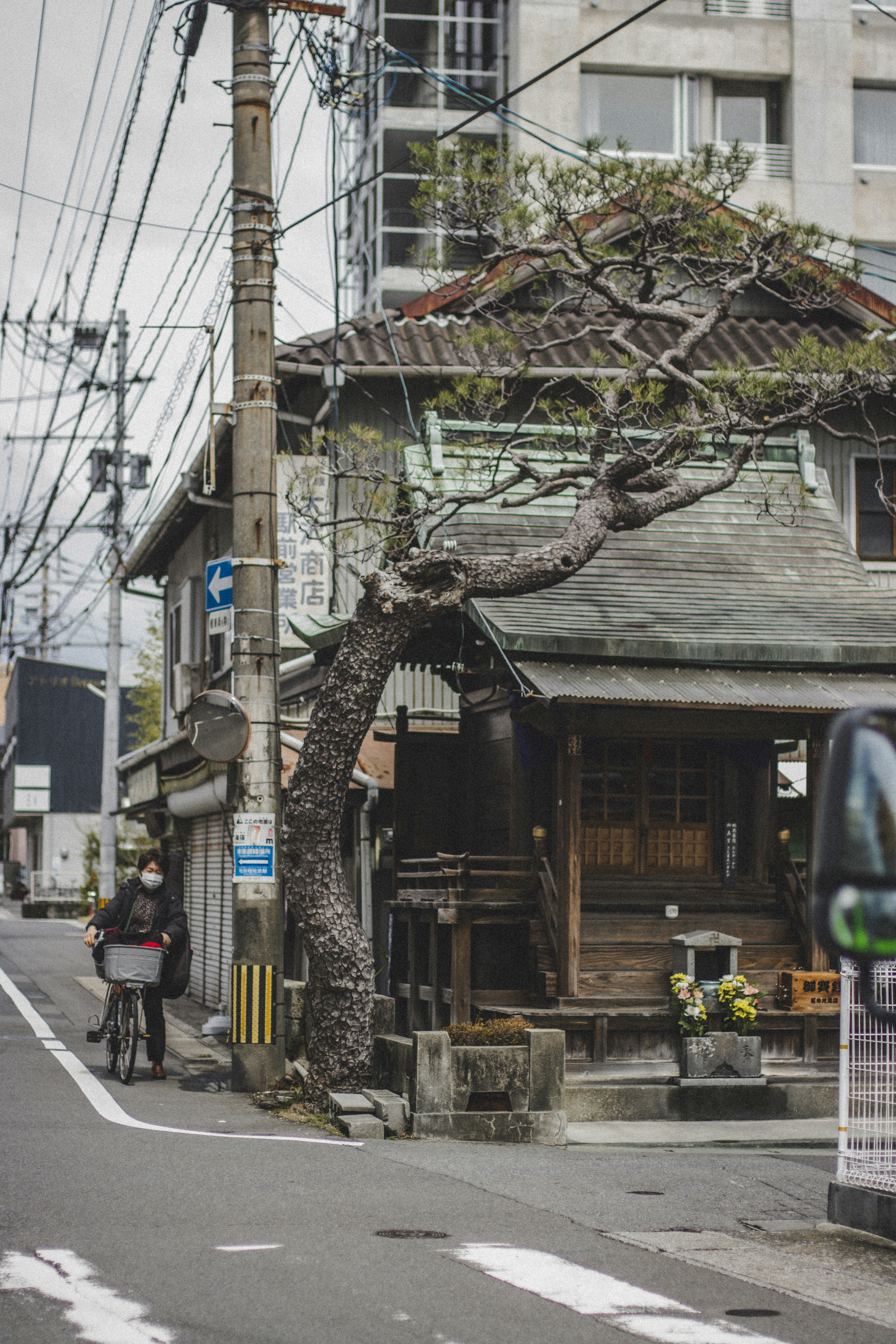 a person riding a bike on a city street