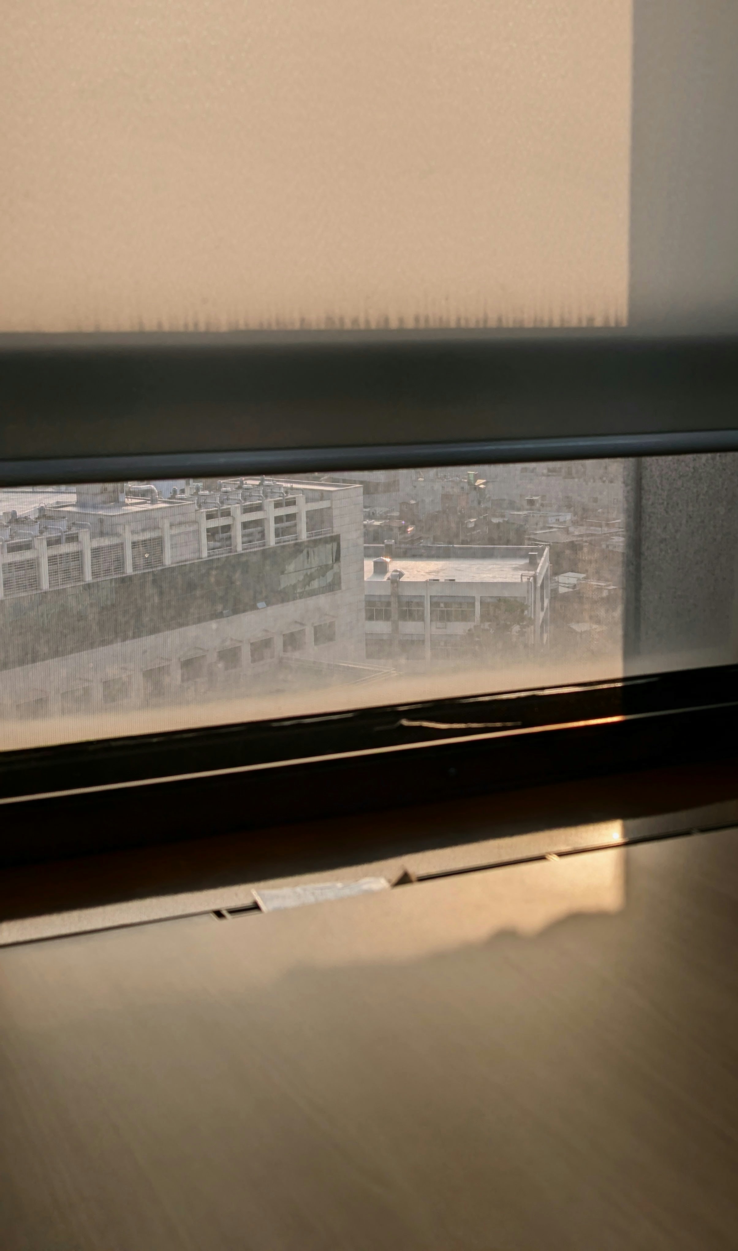 Cityscape partially visible through a window with a soft, diffused light creating subtle reflections on the surface.