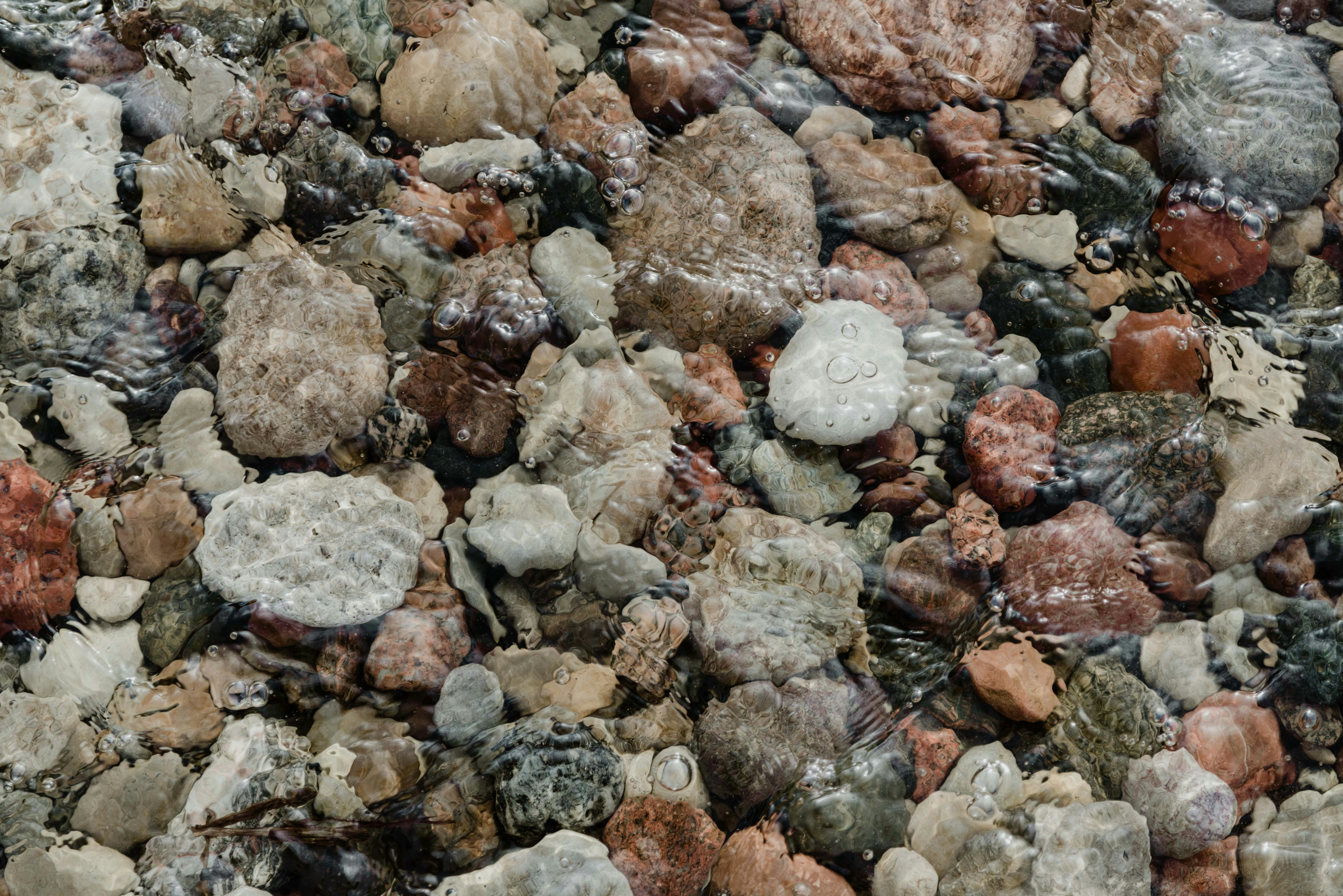 Colorful pebbles and stones submerged in clear water, creating a natural mosaic. The interplay of light and texture enhances the visual complexity.