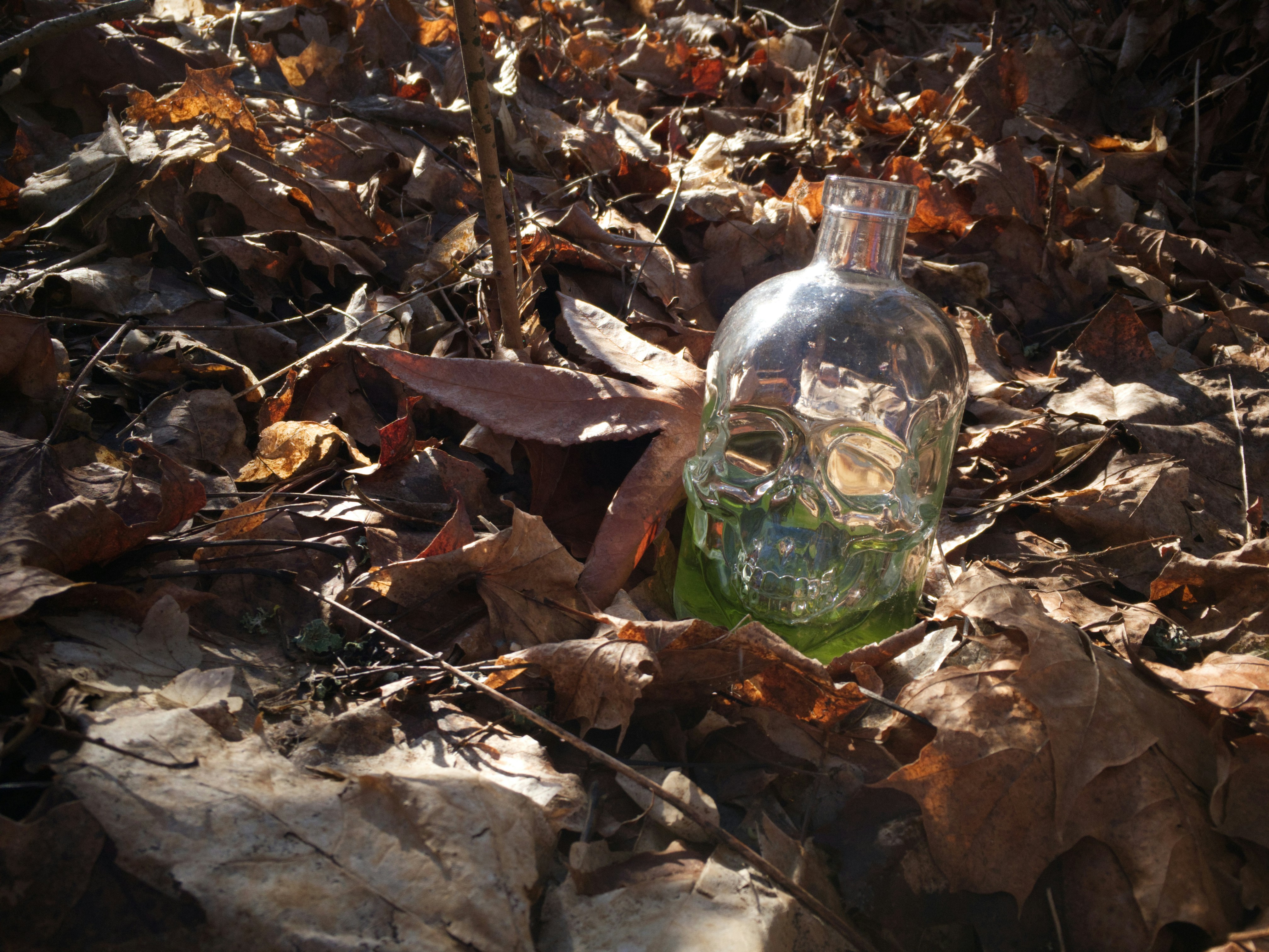 a glass bottle with a skull painted on it