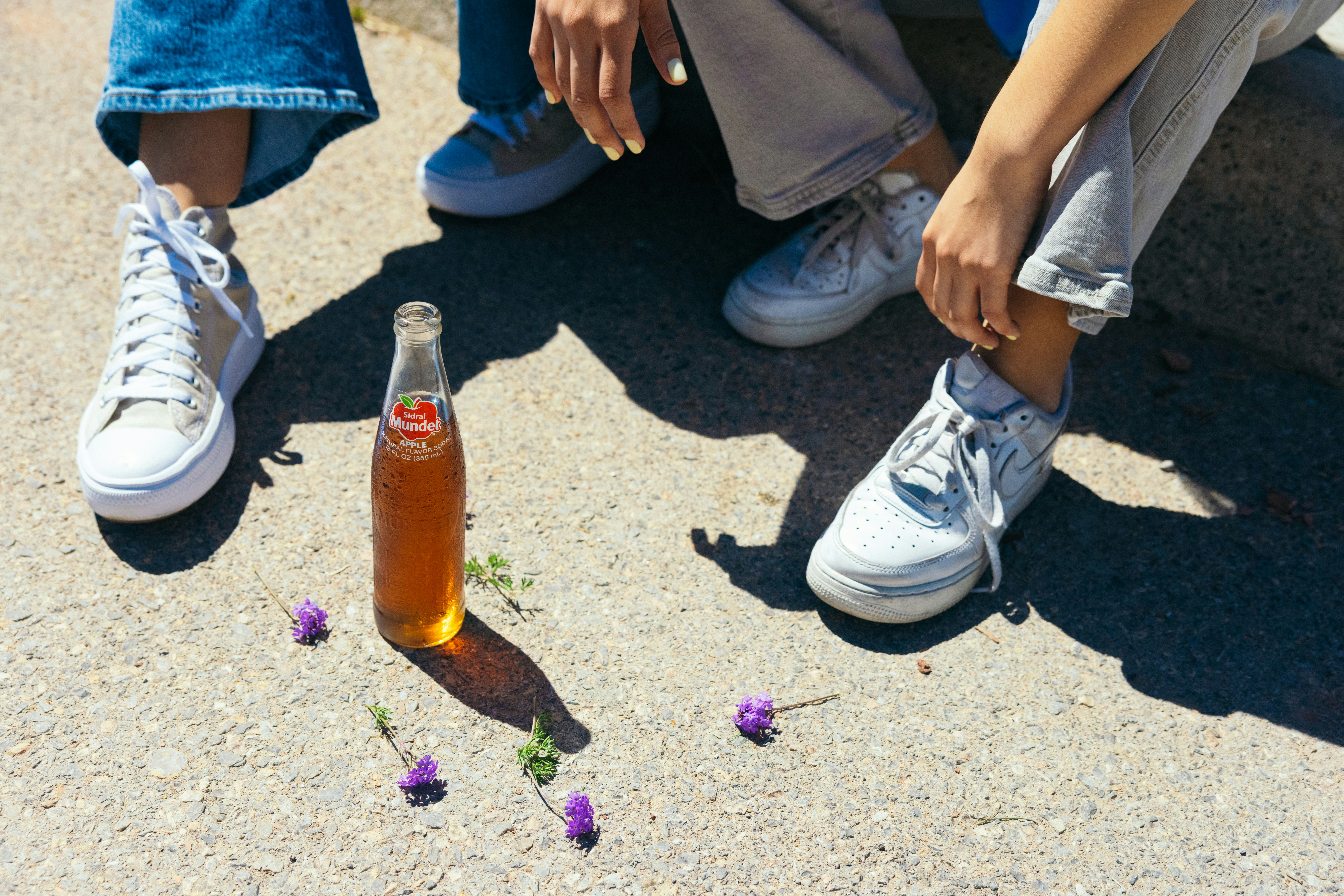 Two people sit on sunlit pavement with sneakers visible, a bottle of amber beverage between them, and scattered purple flowers nearby.