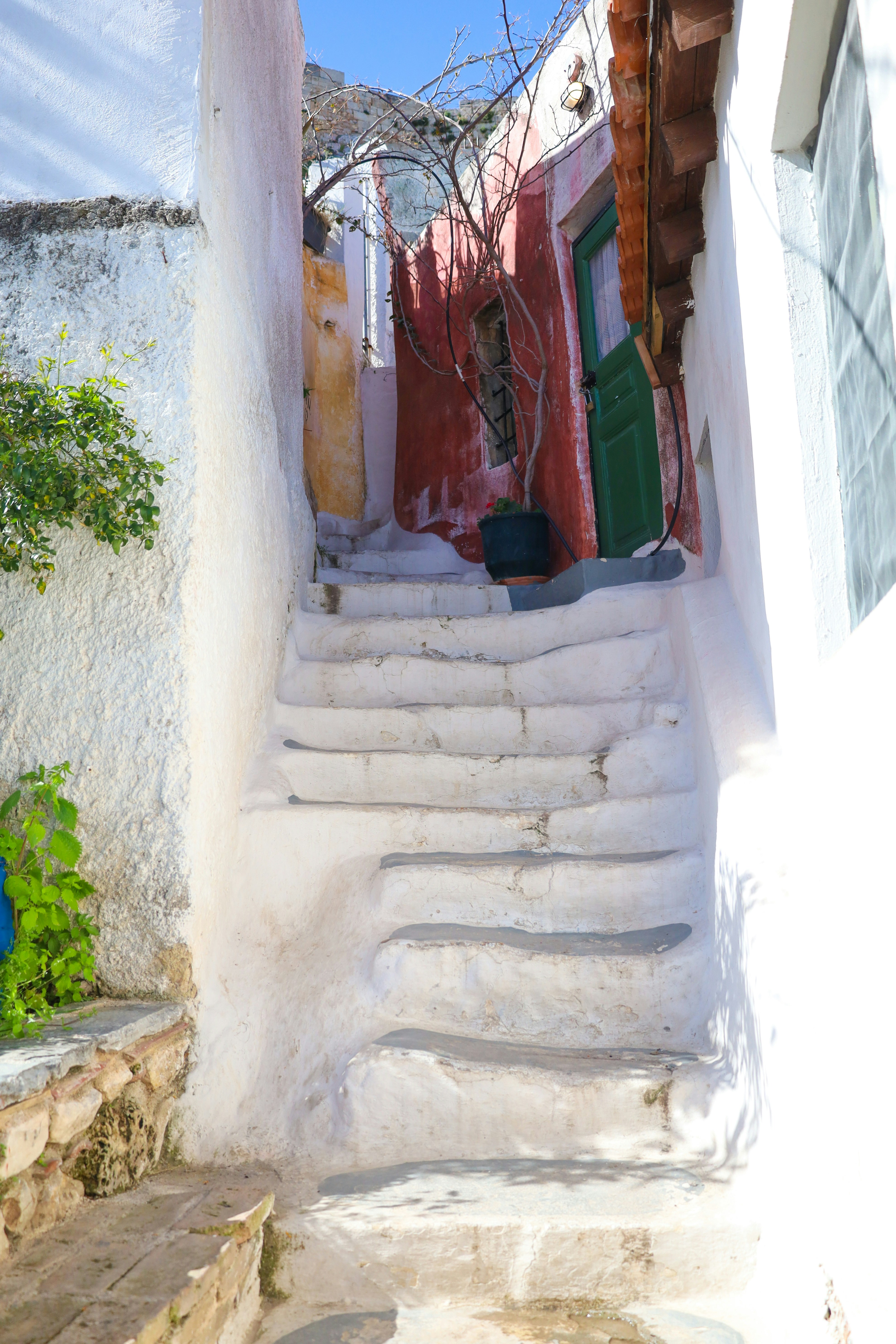 Charming staircase leading through a narrow alley adorned with vibrant walls and greenery, showcasing the essence of Mediterranean architecture.