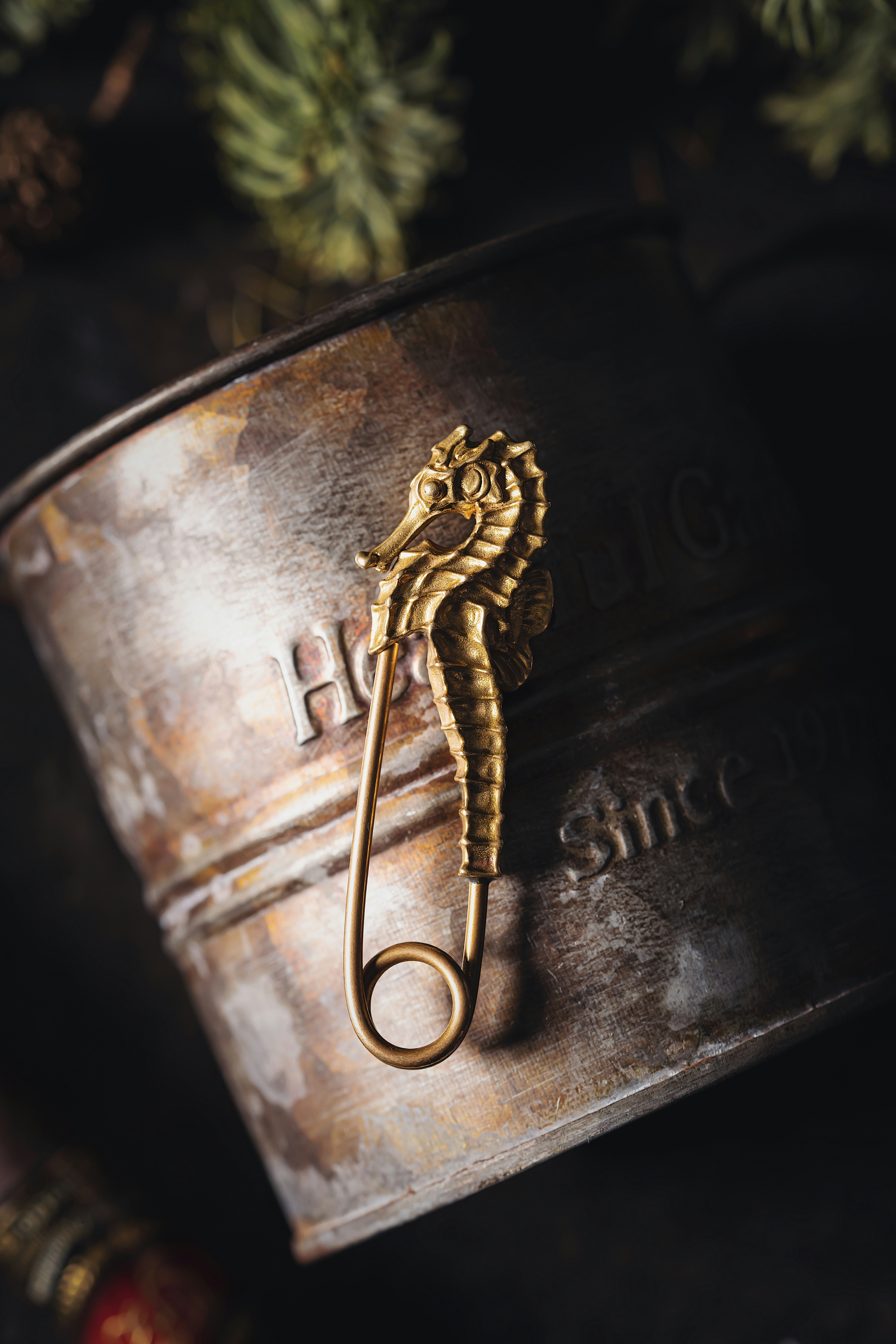 Brass Seahorse Clasp on a Weathered Tin: A Quiet Still-Life Study