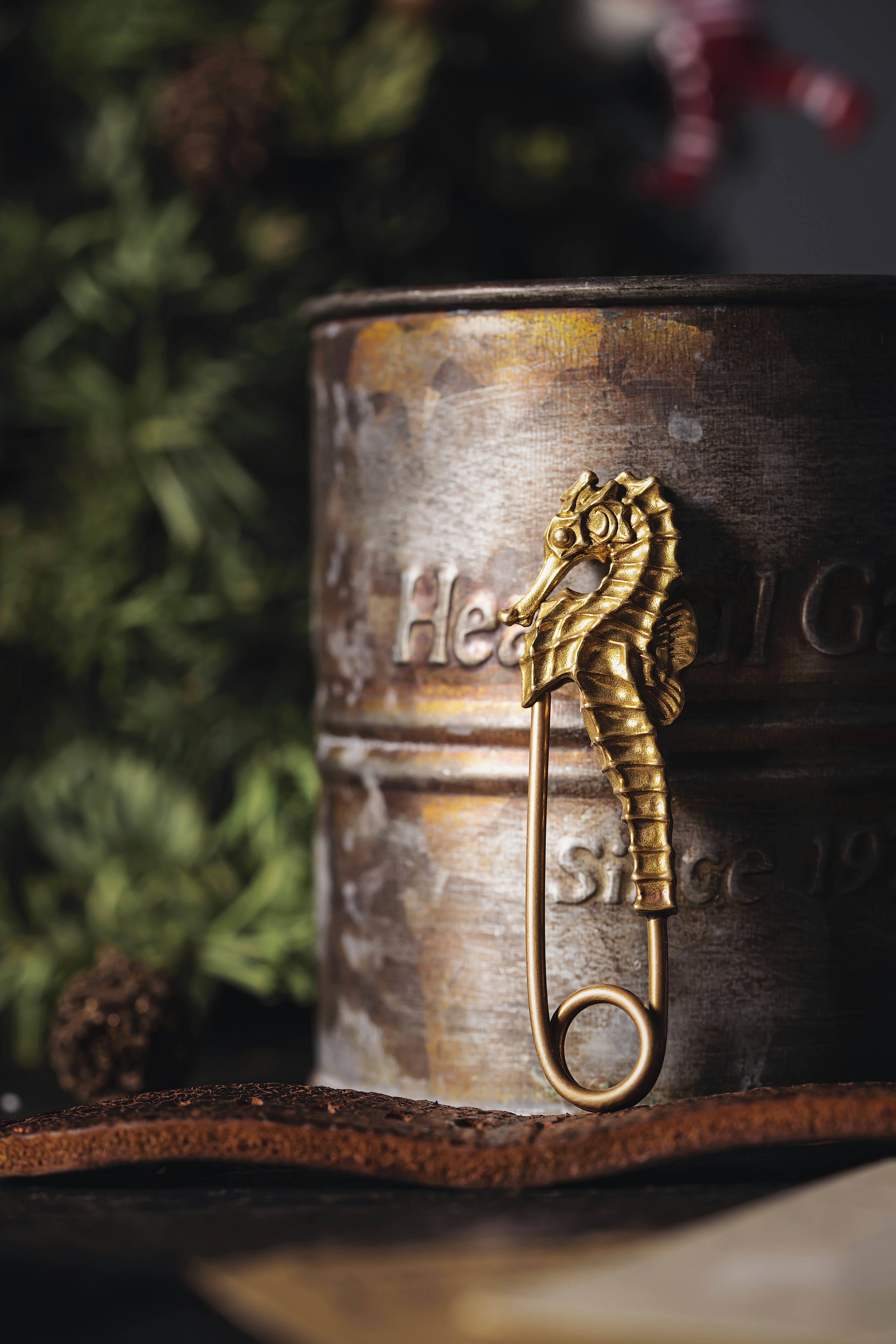 Aged Tin Drum with Brass Seahorse