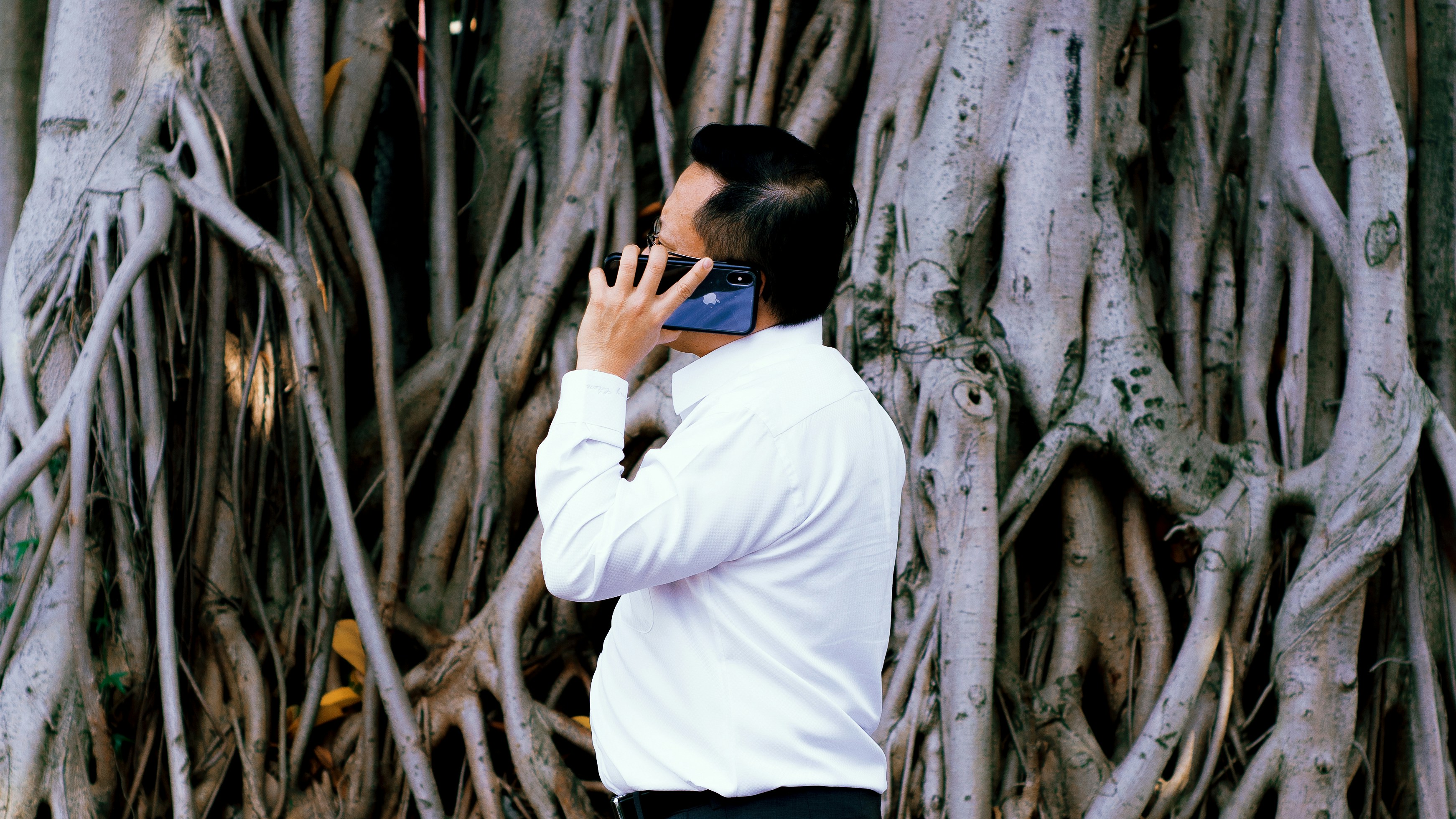 A man standing in front of a tree talking on a cell phone photo – Free ...