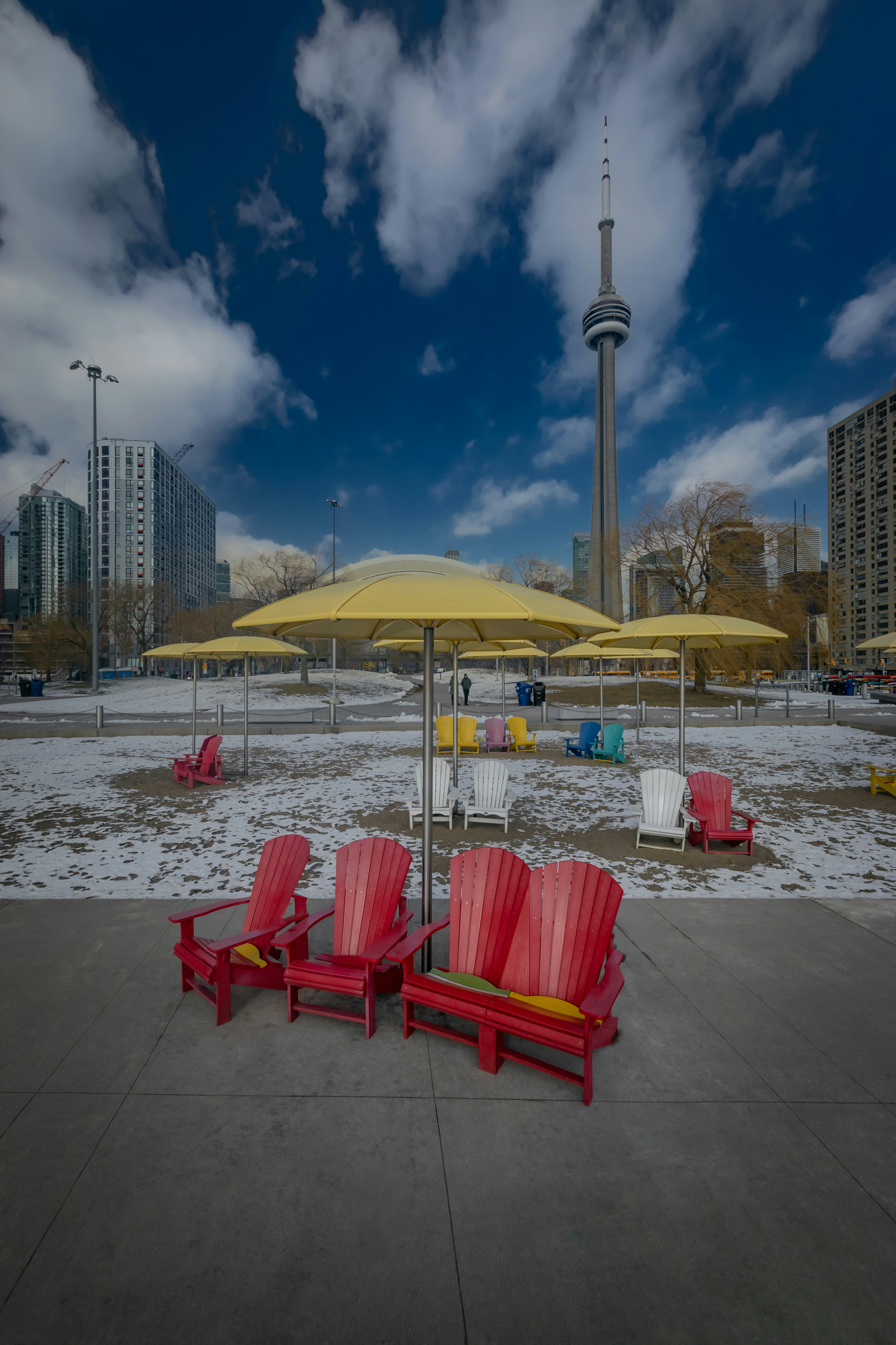 Yellow Umbrellas Over Snow: A Toronto Skyline Moment