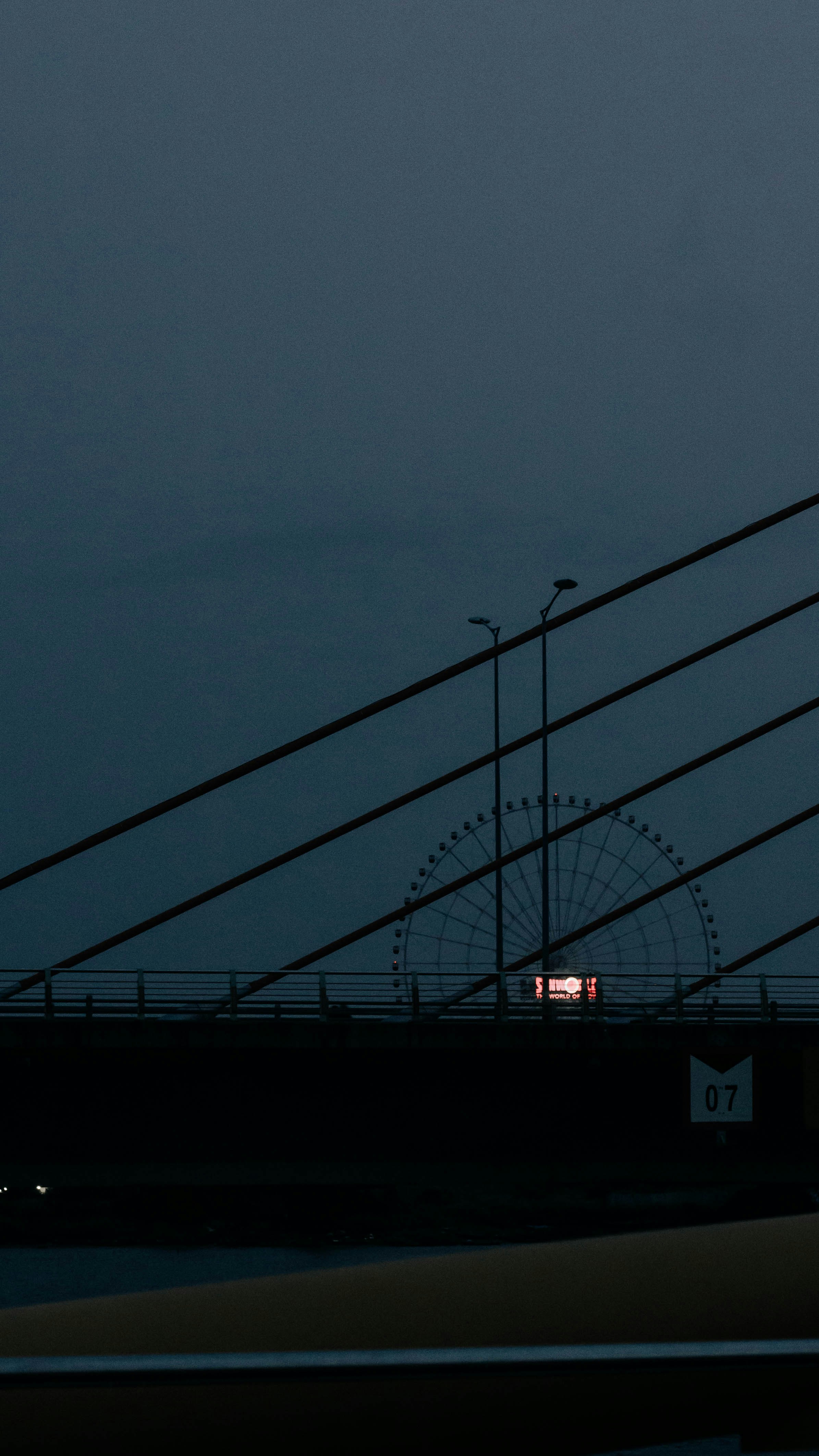 Dusk over the Bridge: Ferris Wheel Silhouette Framed by Diagonal Cables