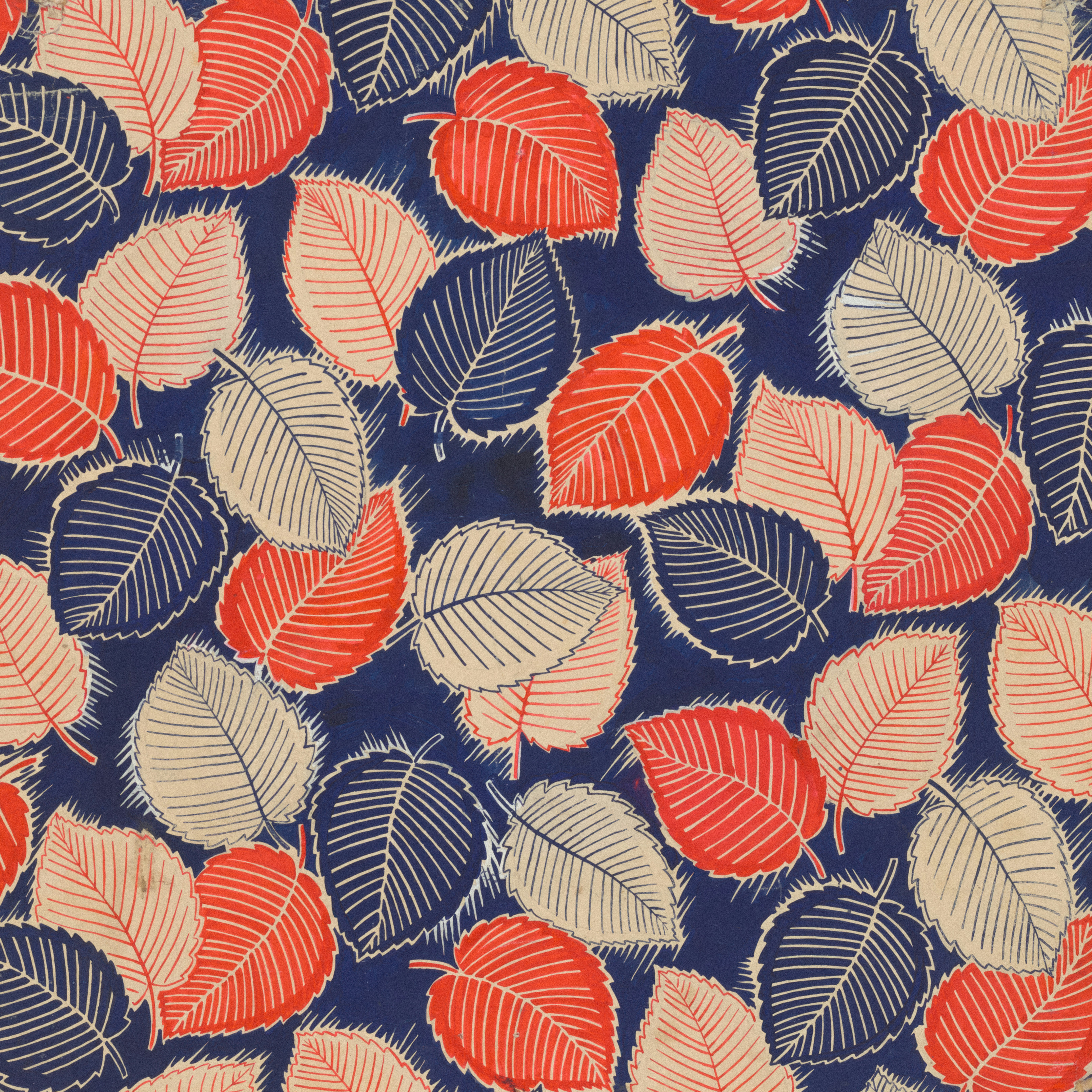 Colorful leaves in various shades of red, orange, and cream create a vibrant pattern against a deep blue background.