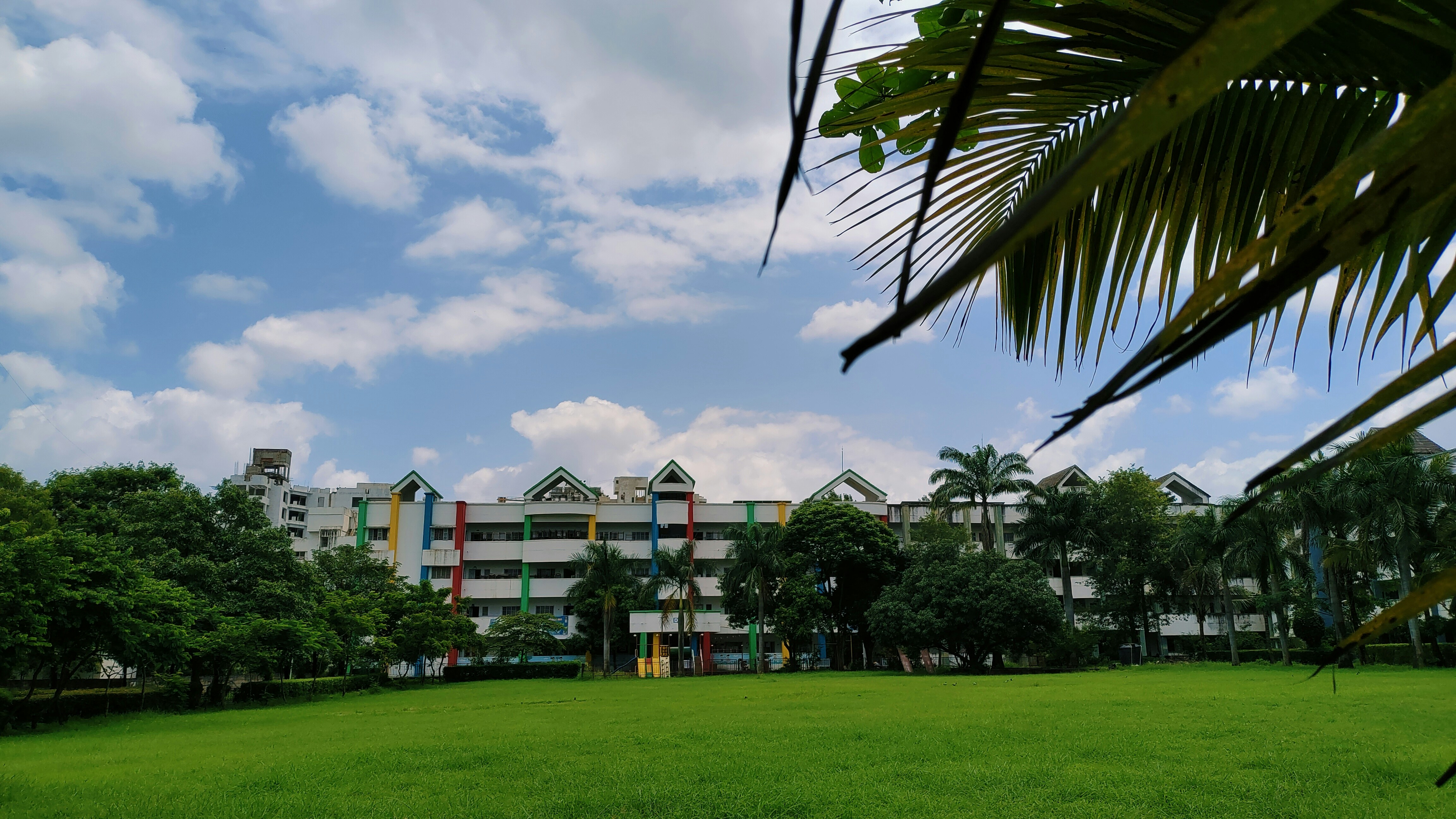 Colorful dormitory buildings line a well-kept green lawn beneath a bright blue sky. Palm fronds frame the scene, adding a tropical touch.