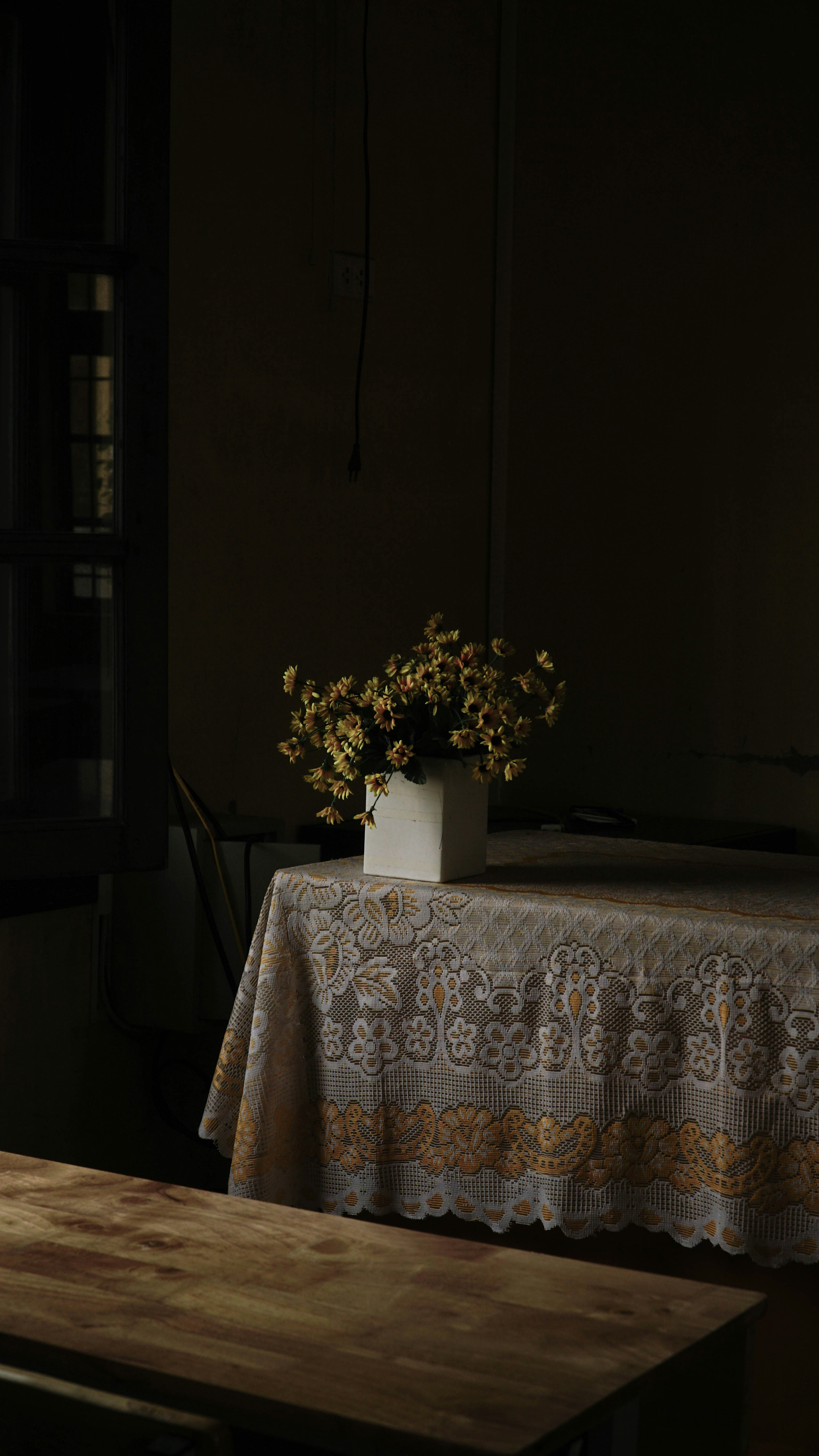 Dim Light, Dried Bouquet: A Lace-Table Still Life