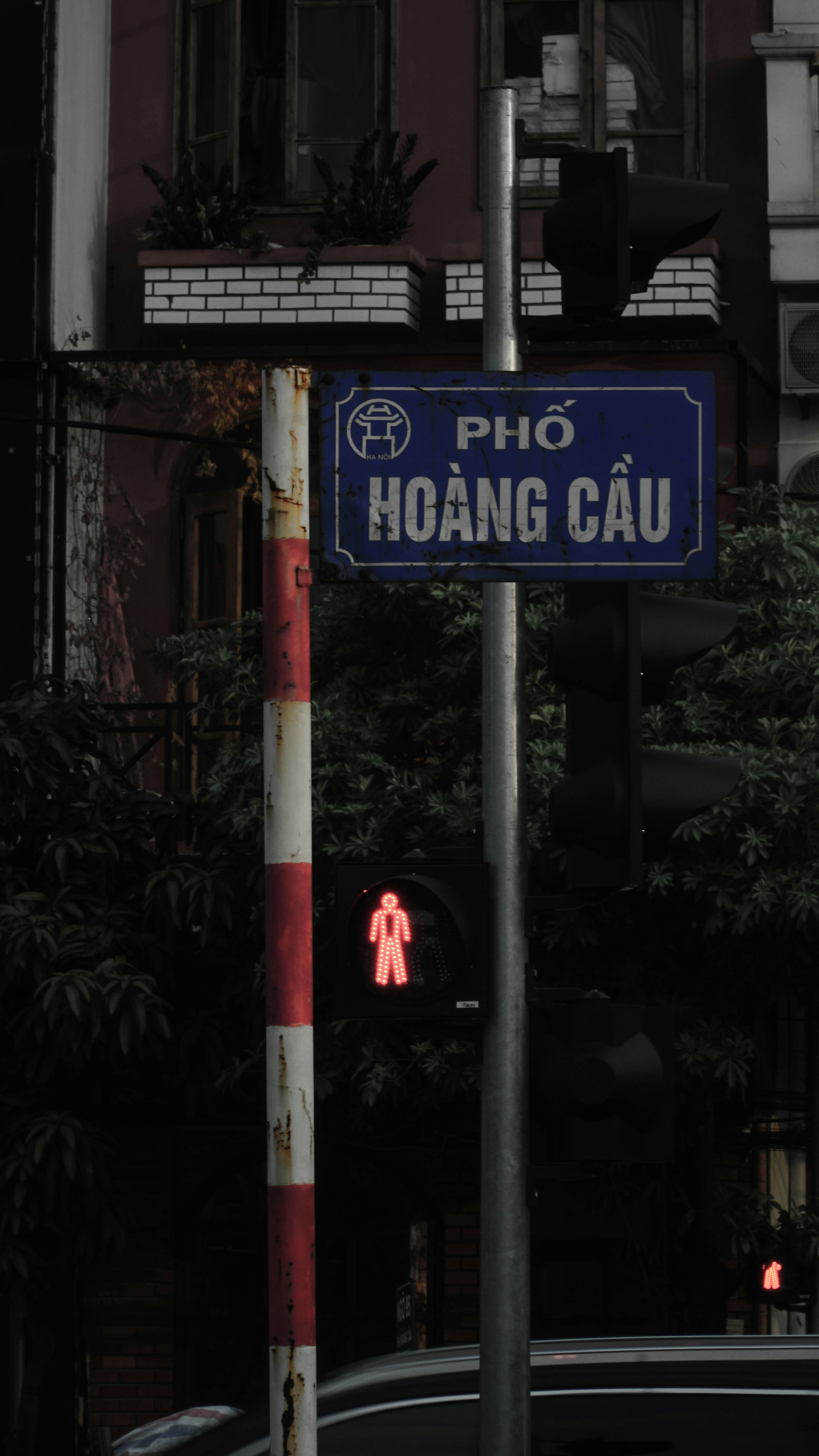 a blue street sign sitting on the side of a road