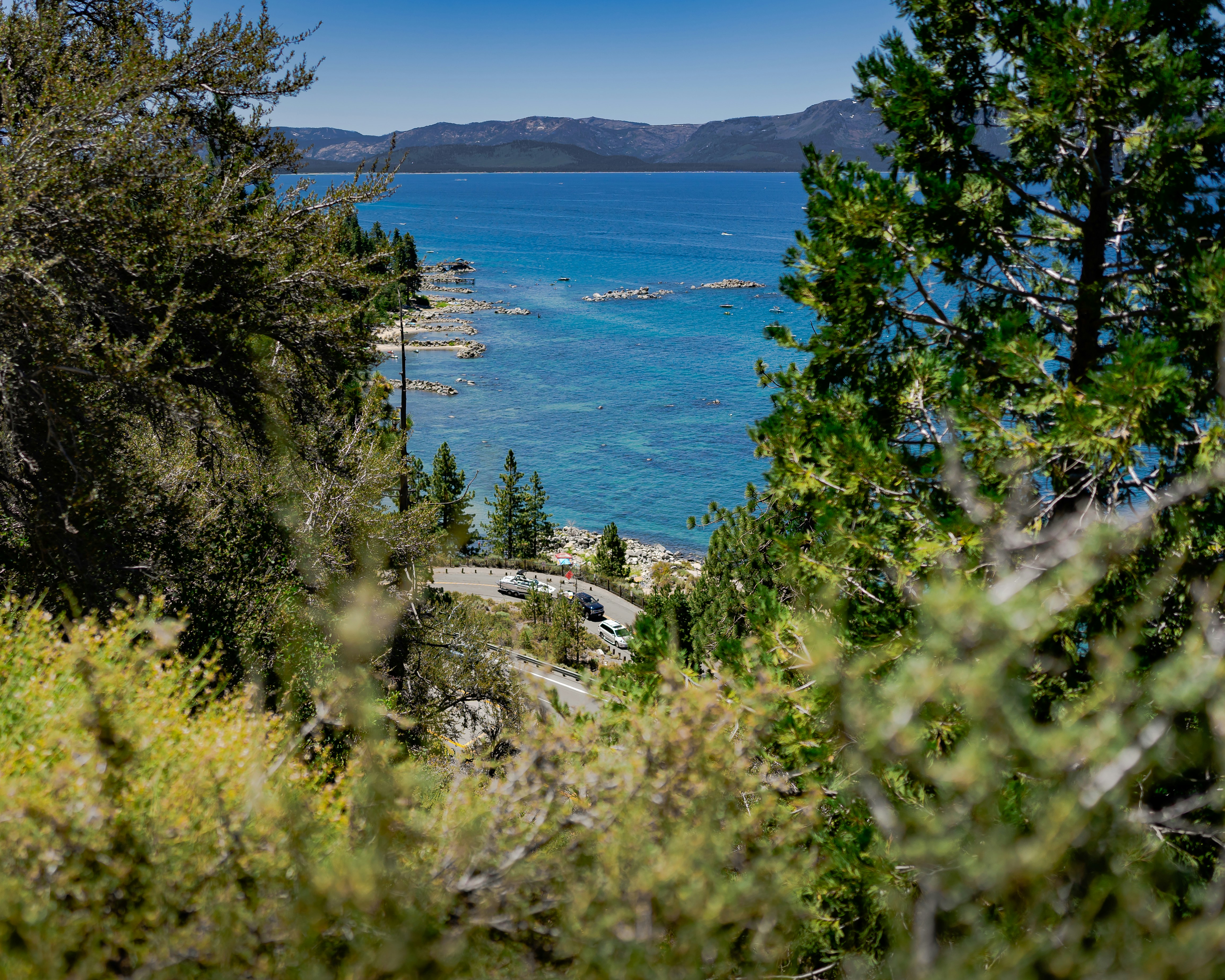 Vibrant blue lake framed by lush green trees and distant mountains under a clear sky.