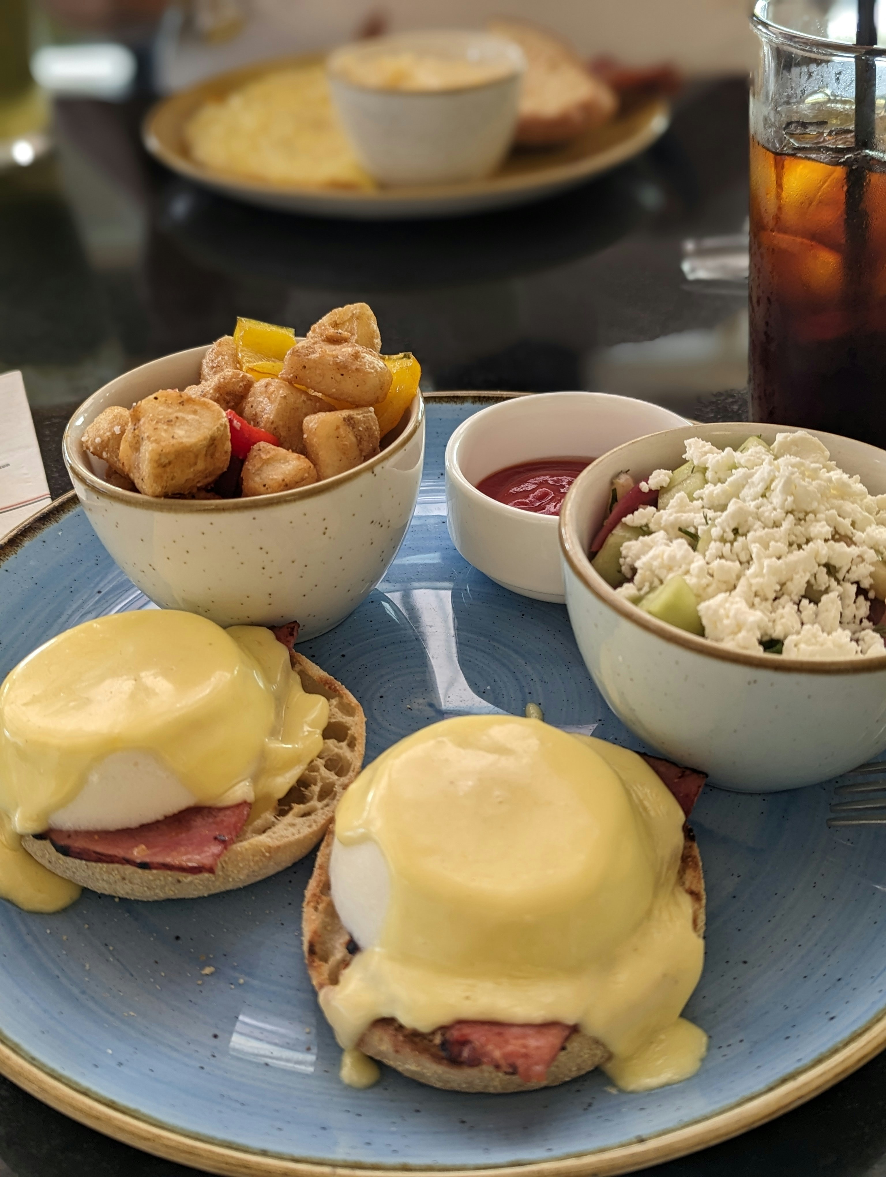 Blue Plate Brunch: Classic Eggs Benedict with Creamy Hollandaise and Vibrant Sides