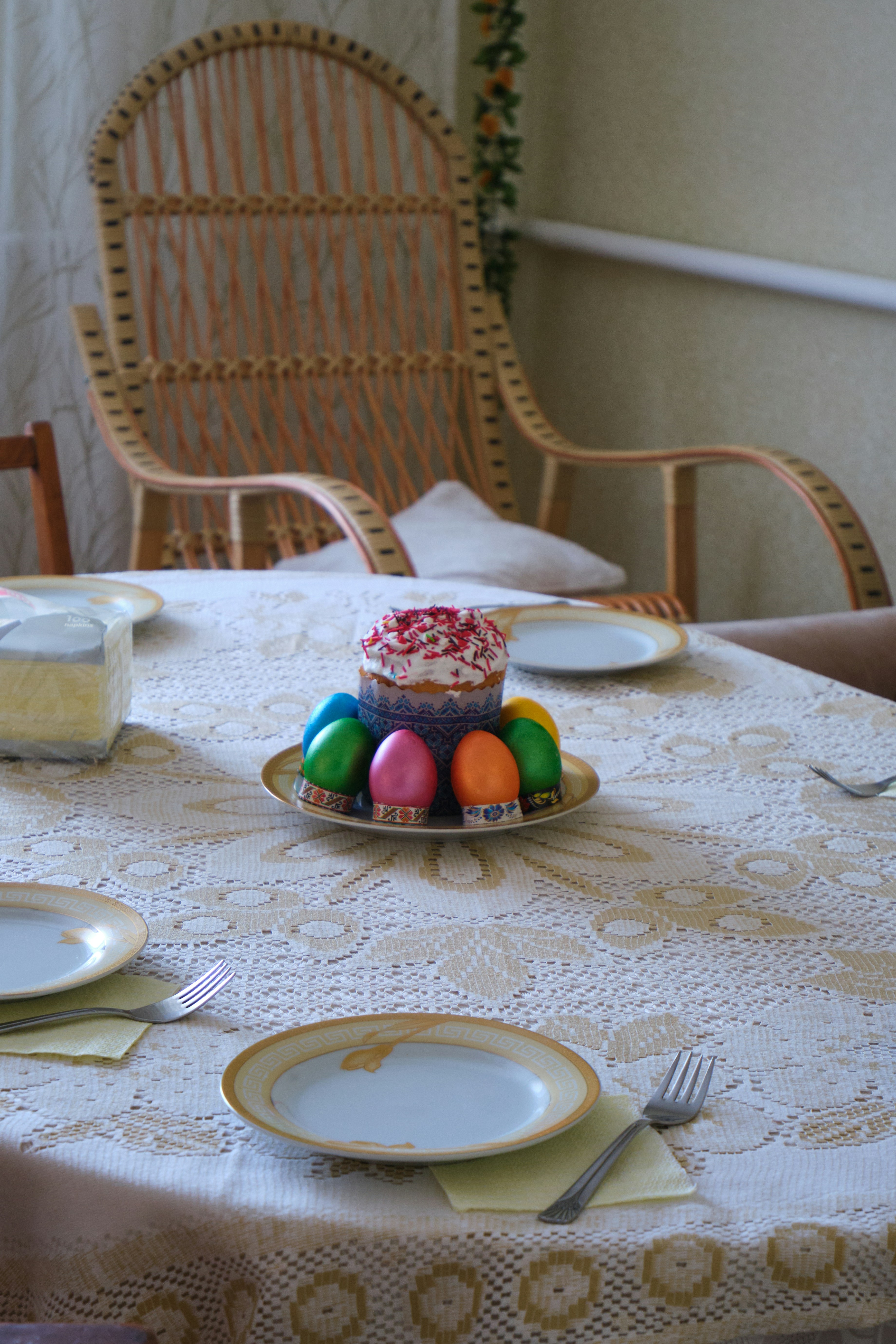 Easter Table: A Cake and Colorful Eggs Center Stage