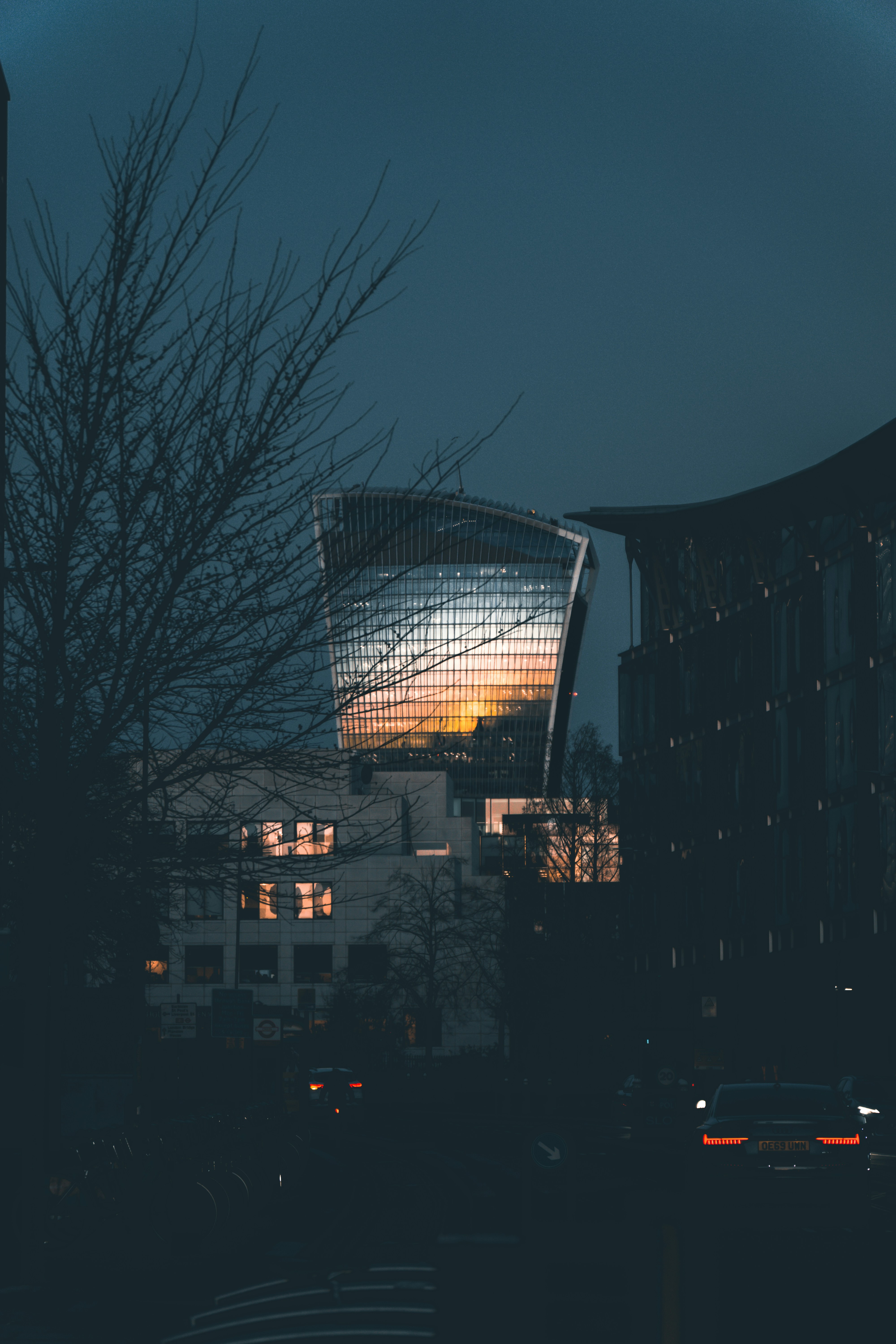 Glass Pavilion at Sunset: A City Silhouette Framed by Bare Trees