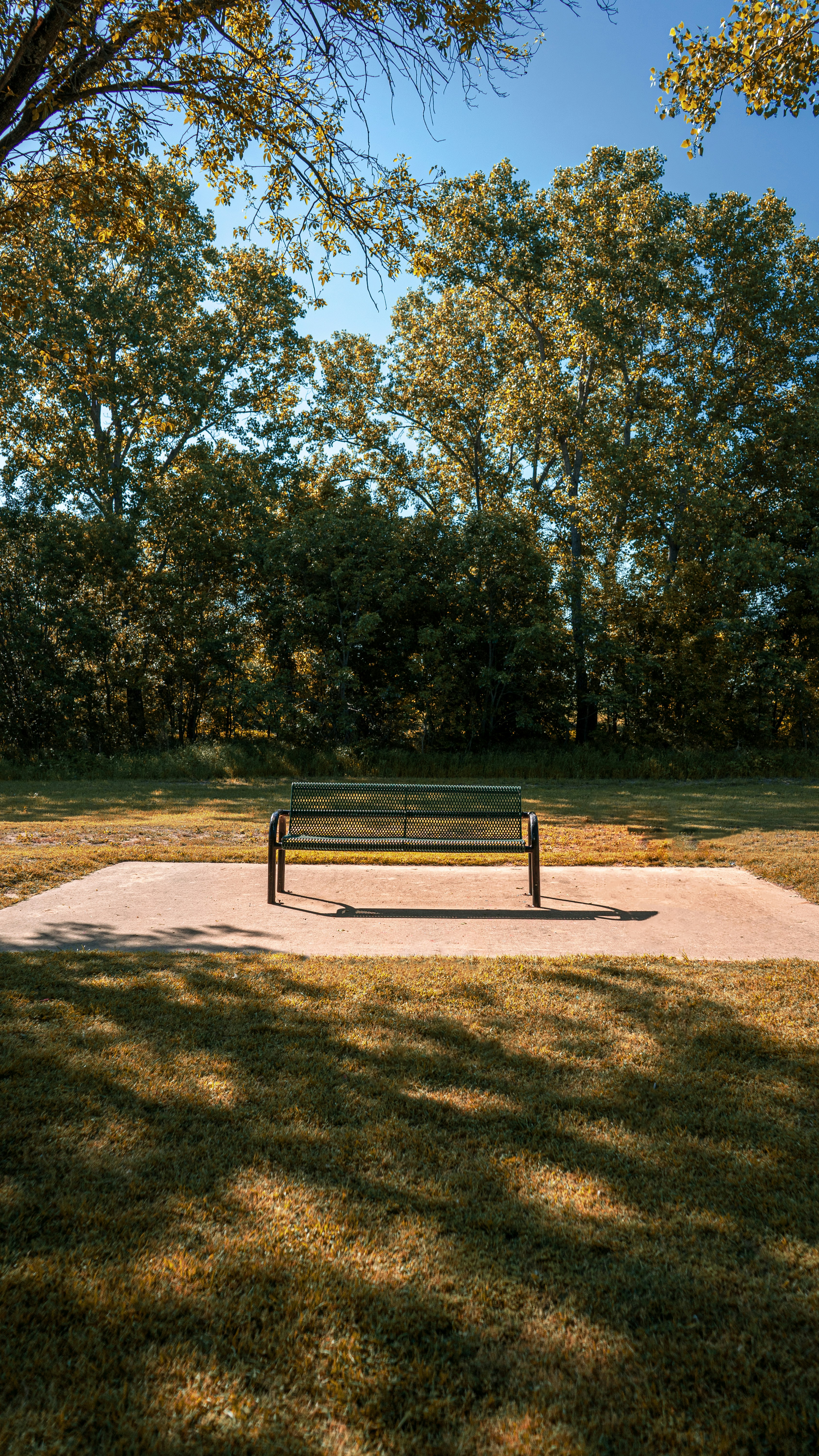 a park bench sitting on top of a cement slab