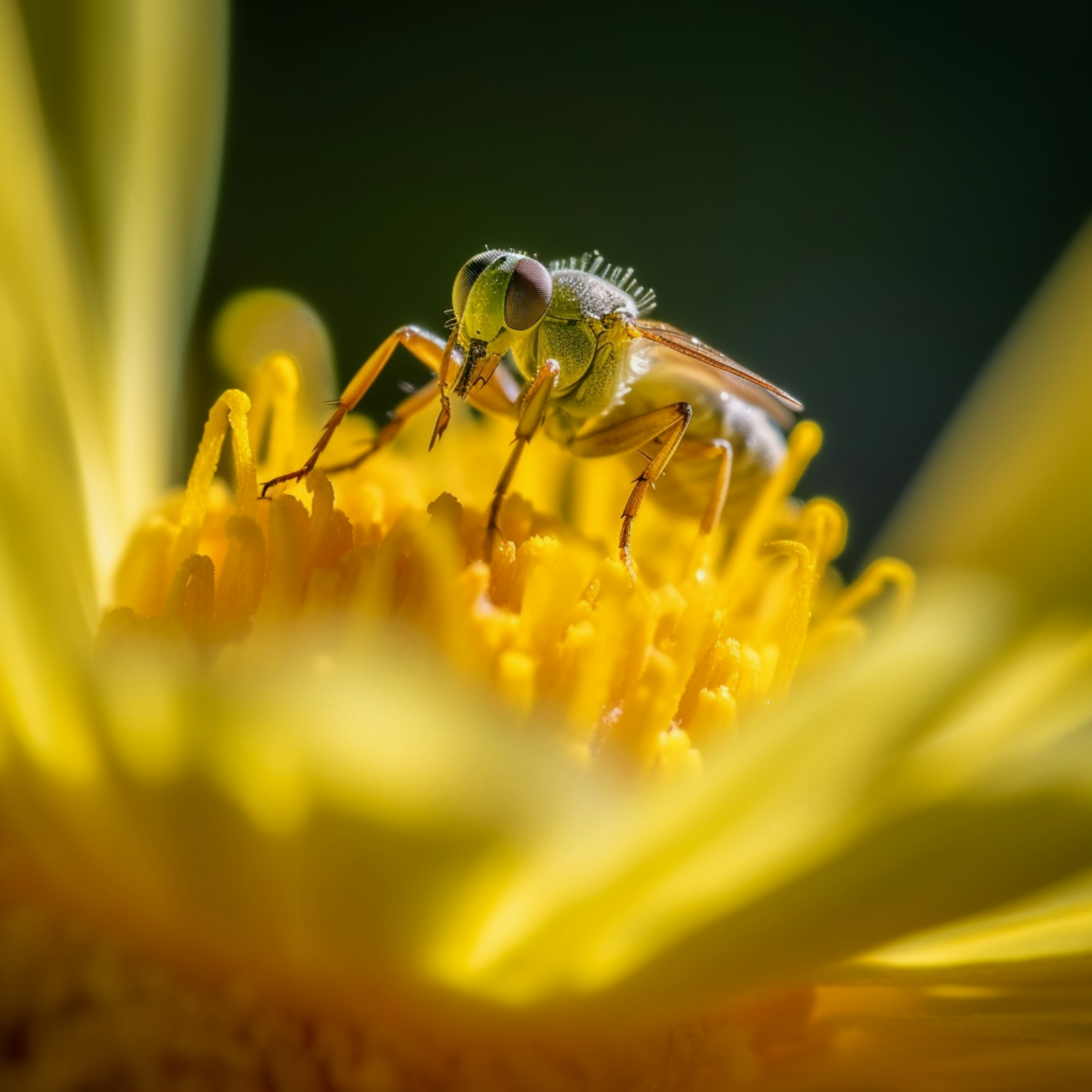 Hoverfly on a Sunlit Yellow Stamen: Macro Portrait of Minute Detail