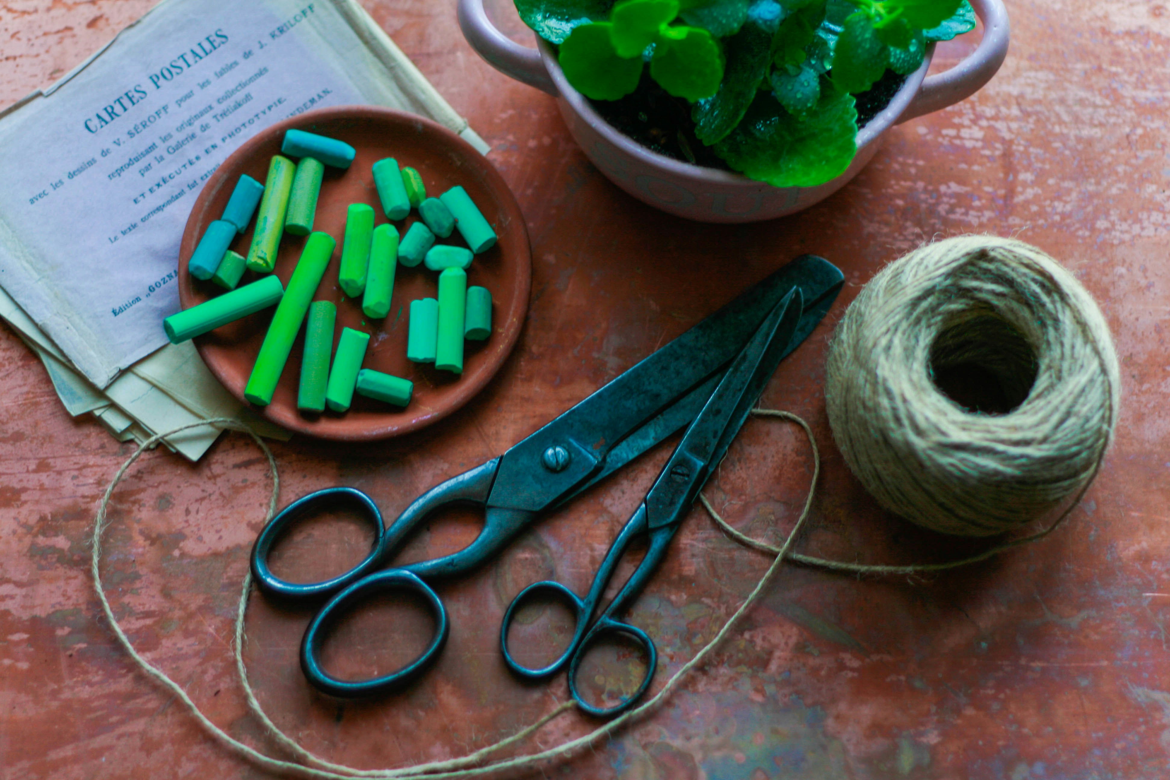 Crossed Scissors, Chalk and Twine: A Quiet Craft Still Life