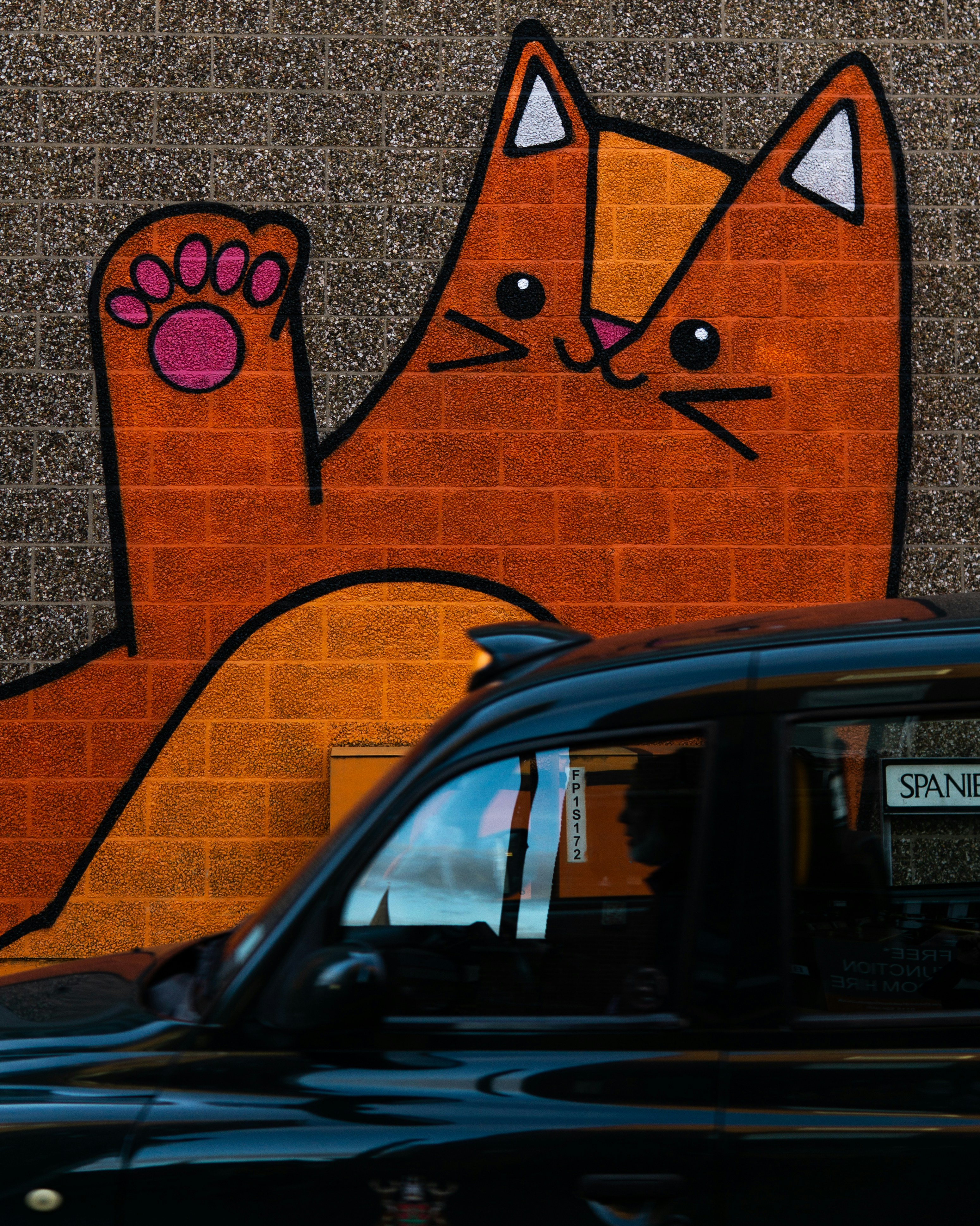 Whiskers on Brick: An Orange Graffiti Cat Keeps Watch as a Car Glides By