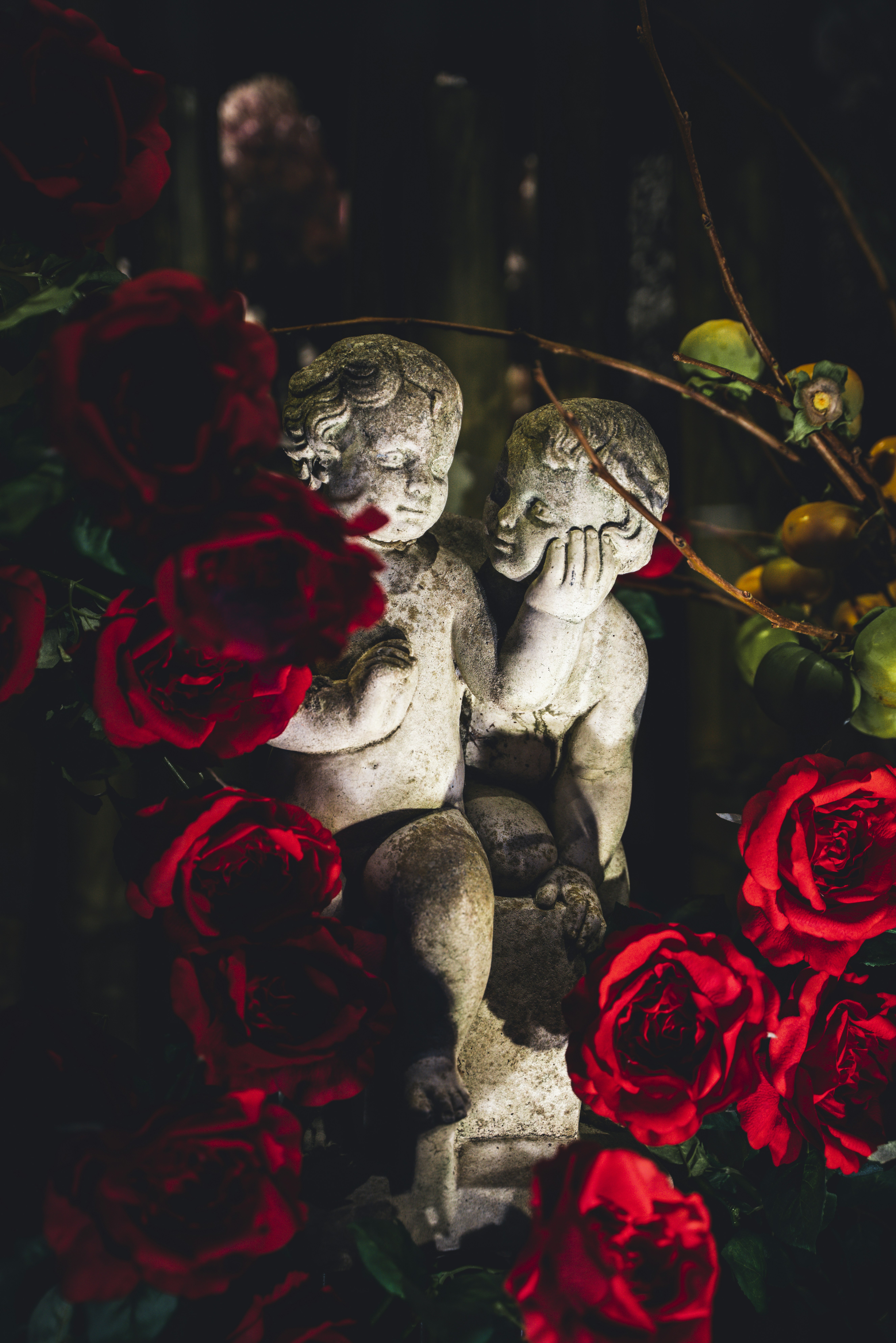 A statue of two cherubs surrounded by red roses photo – Free Rose Image ...