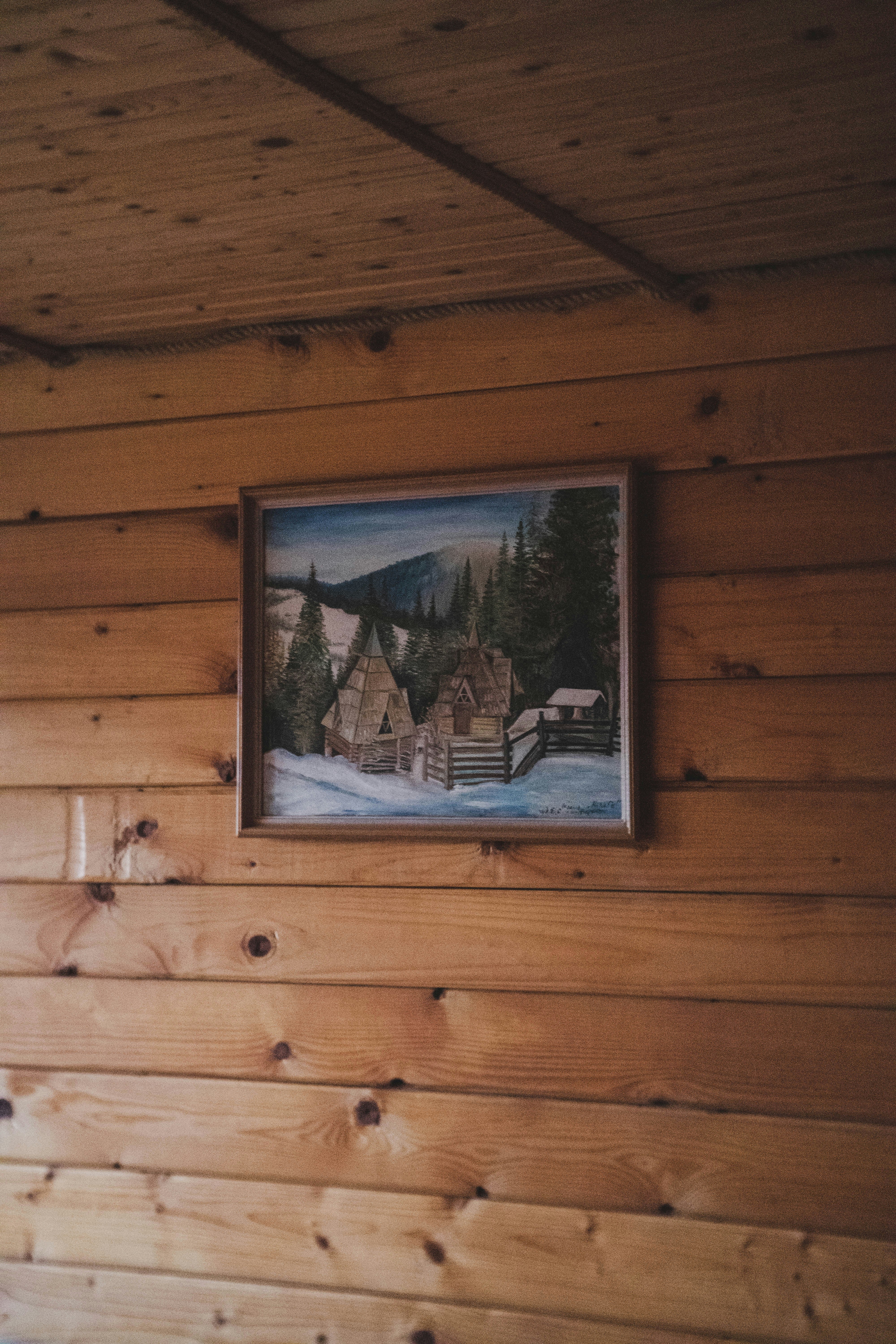 a picture of a cabin is hanging on the wall