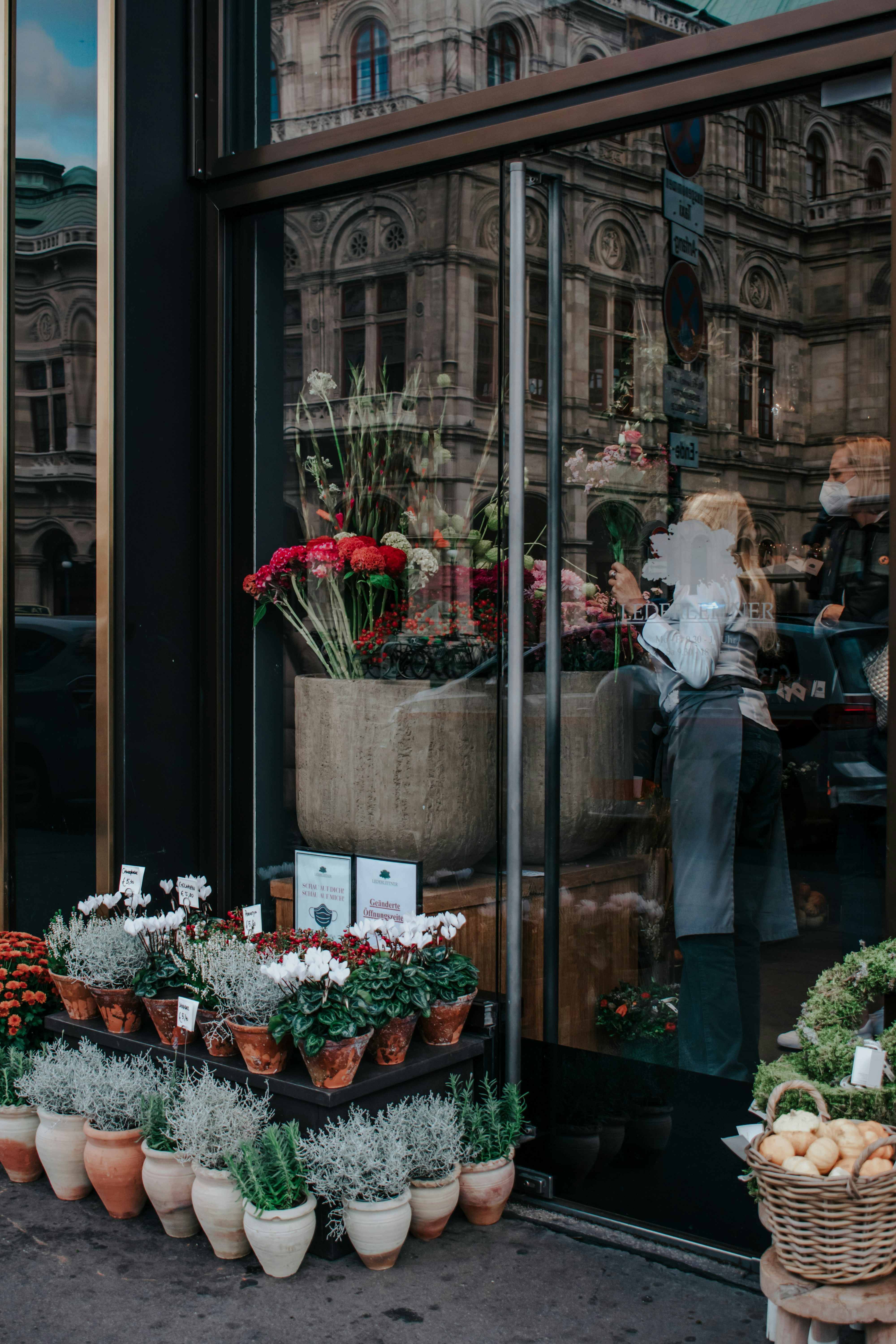 Red Blooms Through a Glass Front: A City Florist Window
