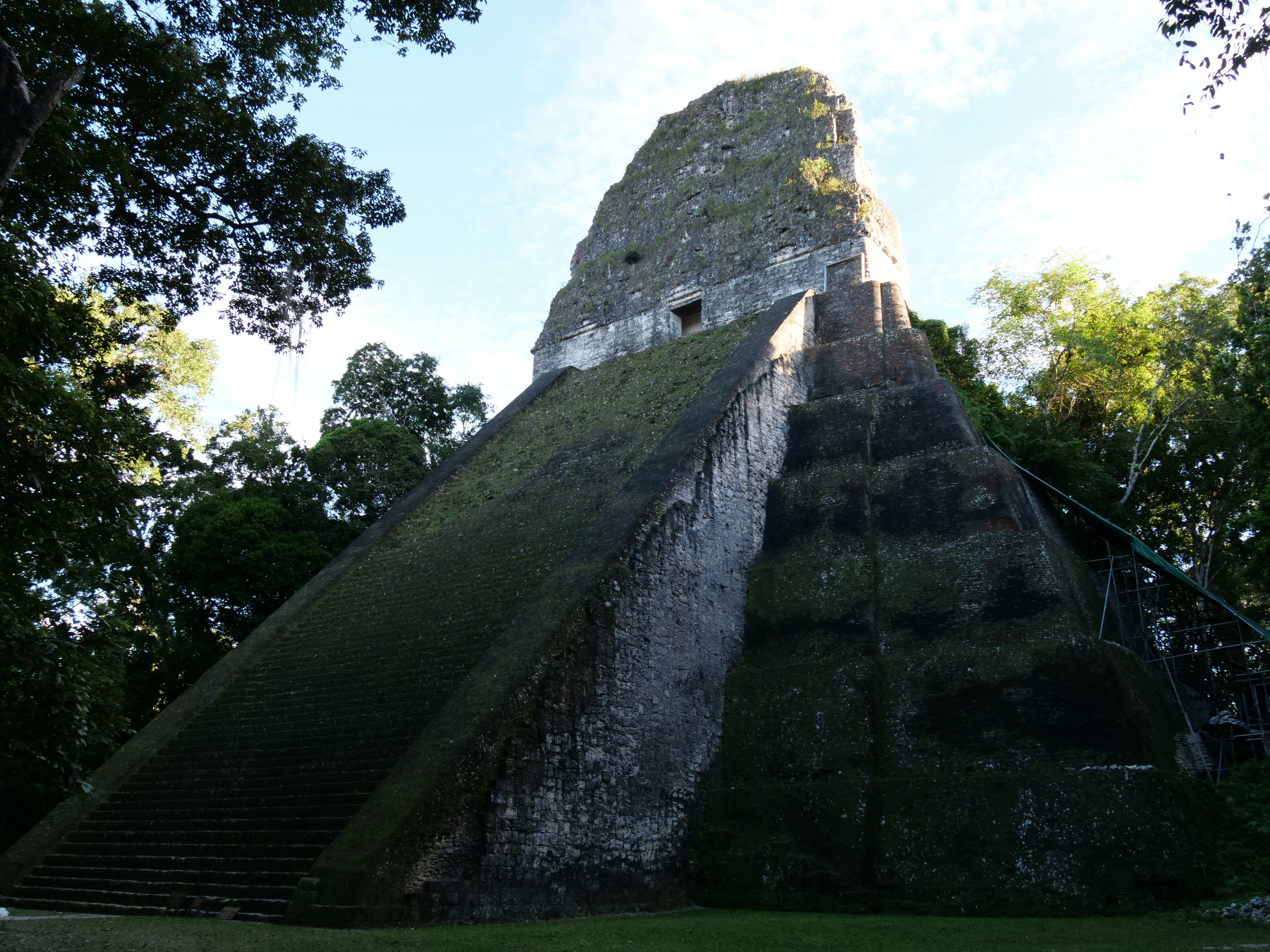 Mayan pyramid towering amidst lush greenery, showcasing intricate stonework and steep steps leading to the summit.