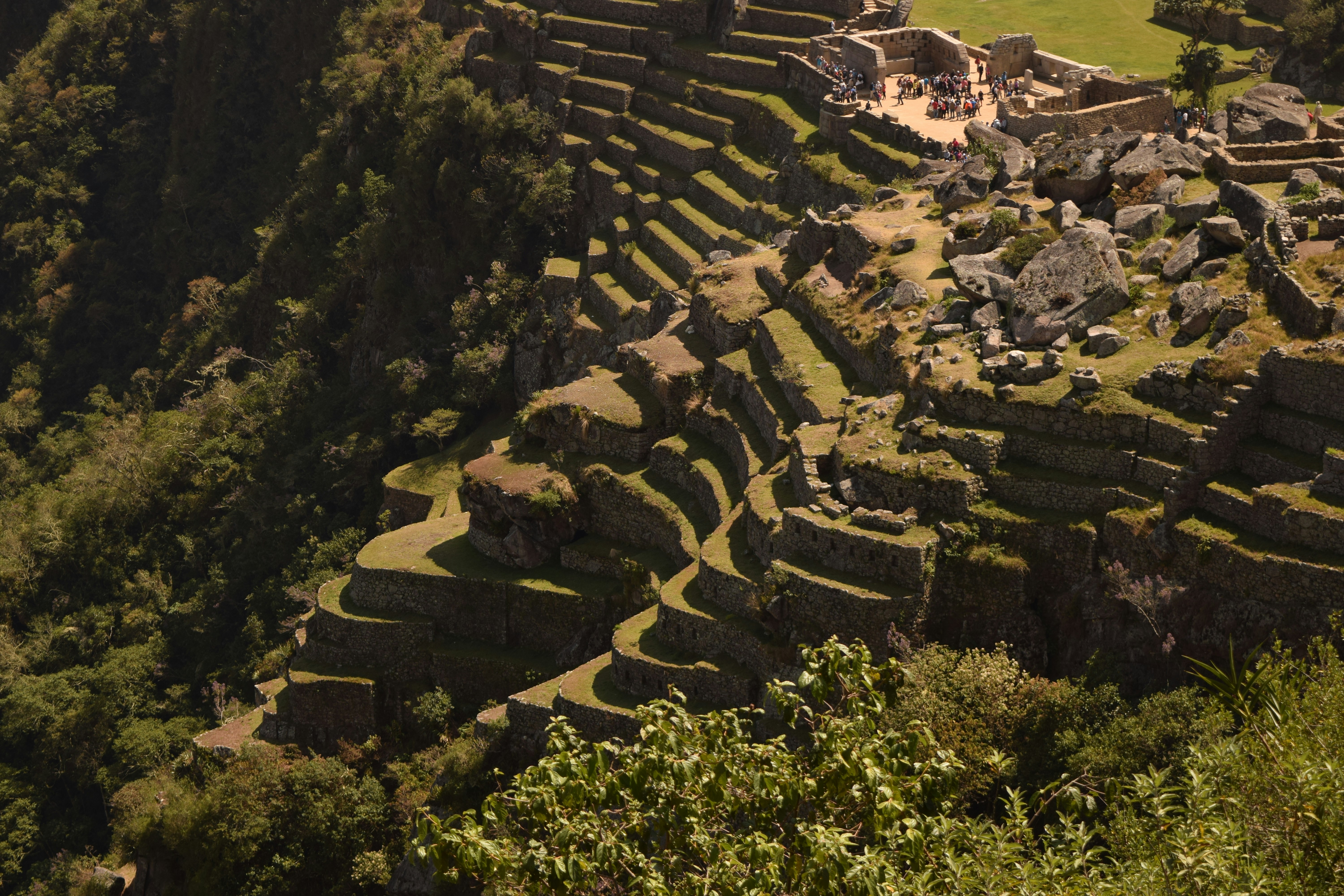 This captivating image showcases the iconic terraced landscape of an ancient ruin, bathed in the warm glow of the afternoon sun. The intricate stonework of the terraces creates a mesmerizing pattern, while the lush greenery adds vibrant contrast to the earthy tones of the rocks. The play of light and shadow enhances the depth and texture, making the scene both visually striking and atmospheric.