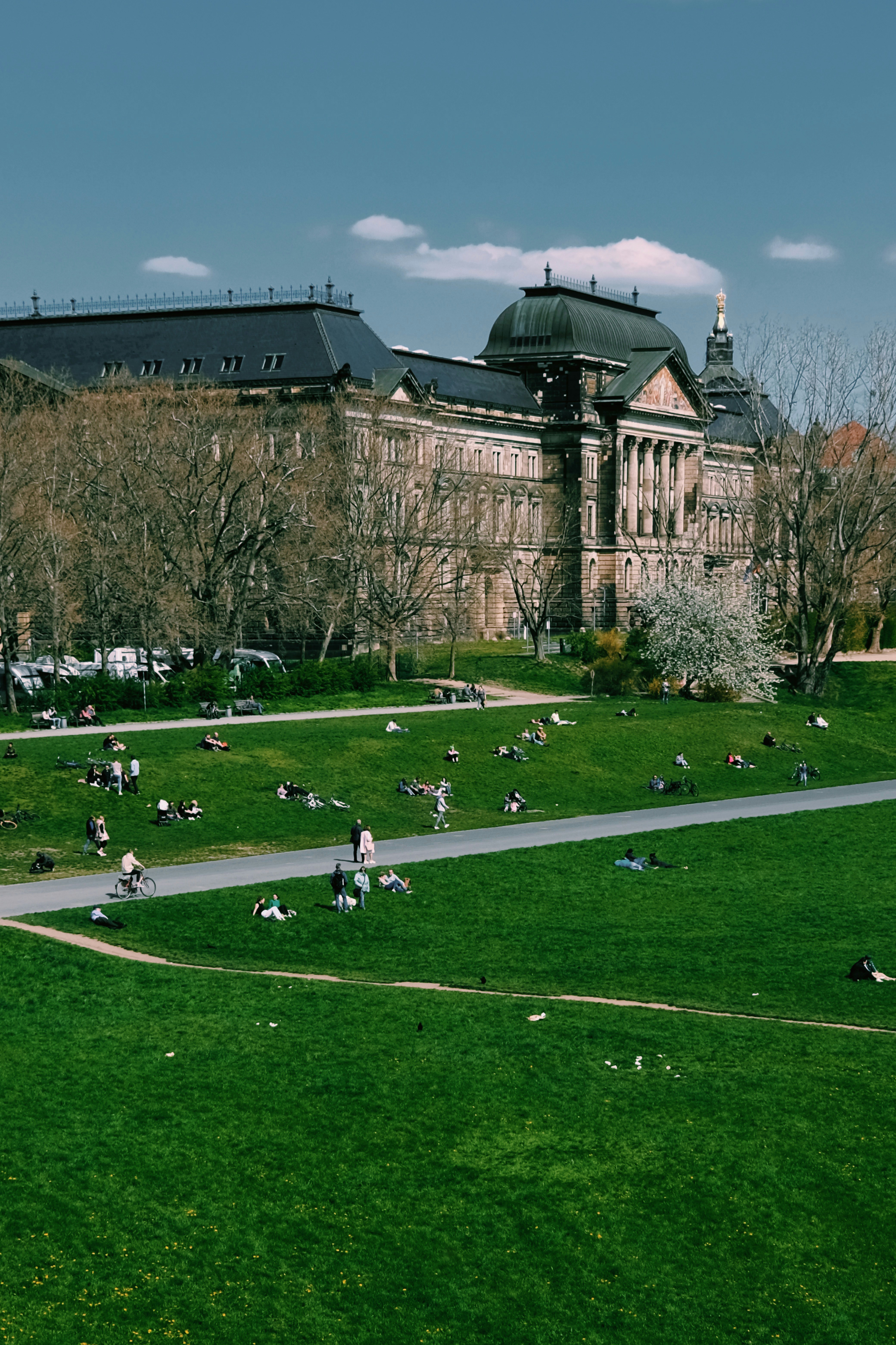 Green serenity under granite grandeur: a sunlit park beside a neoclassical gem