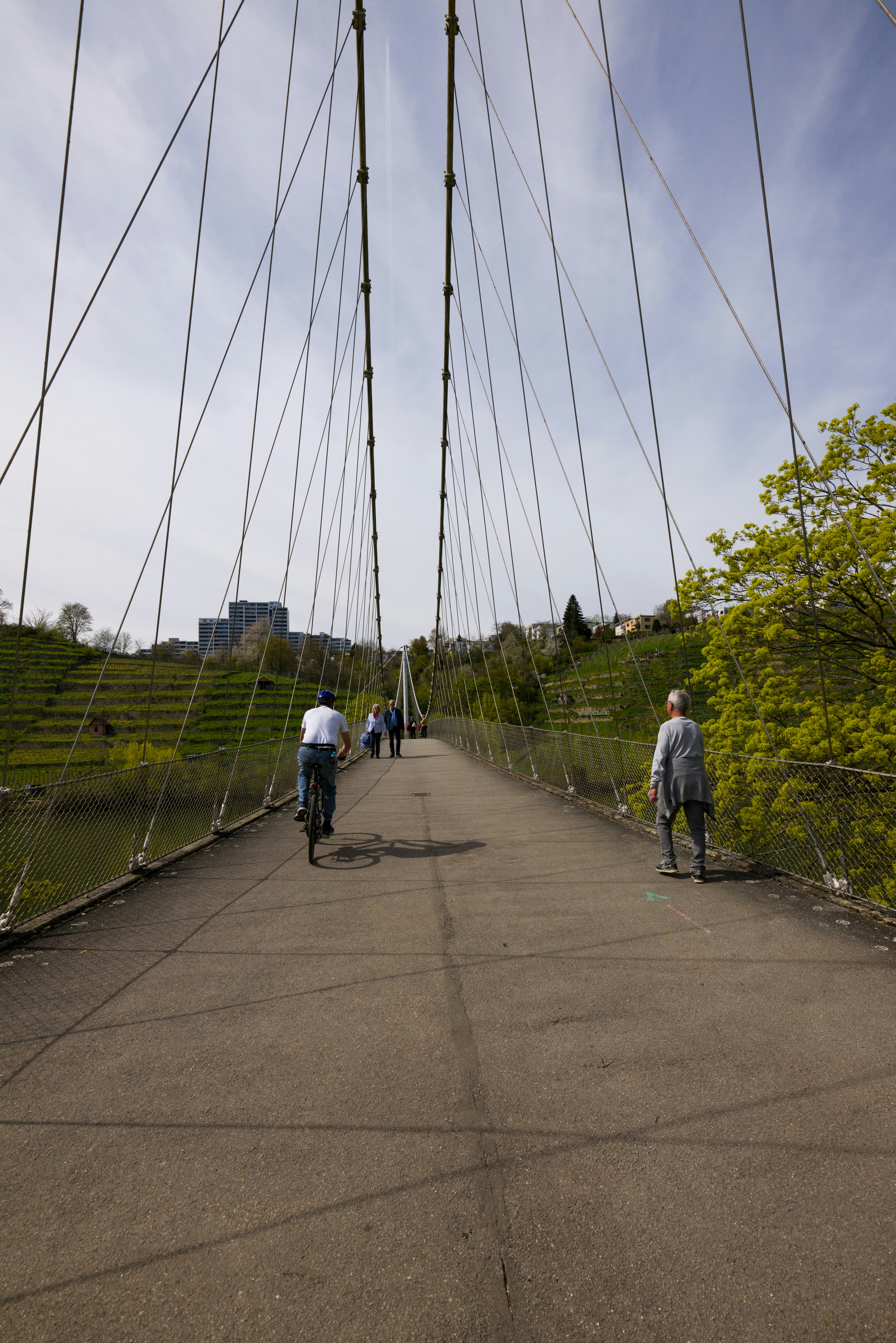 Lines of Convergence: Pedestrians Traverse a Cable Bridge Toward a Quiet Skyline