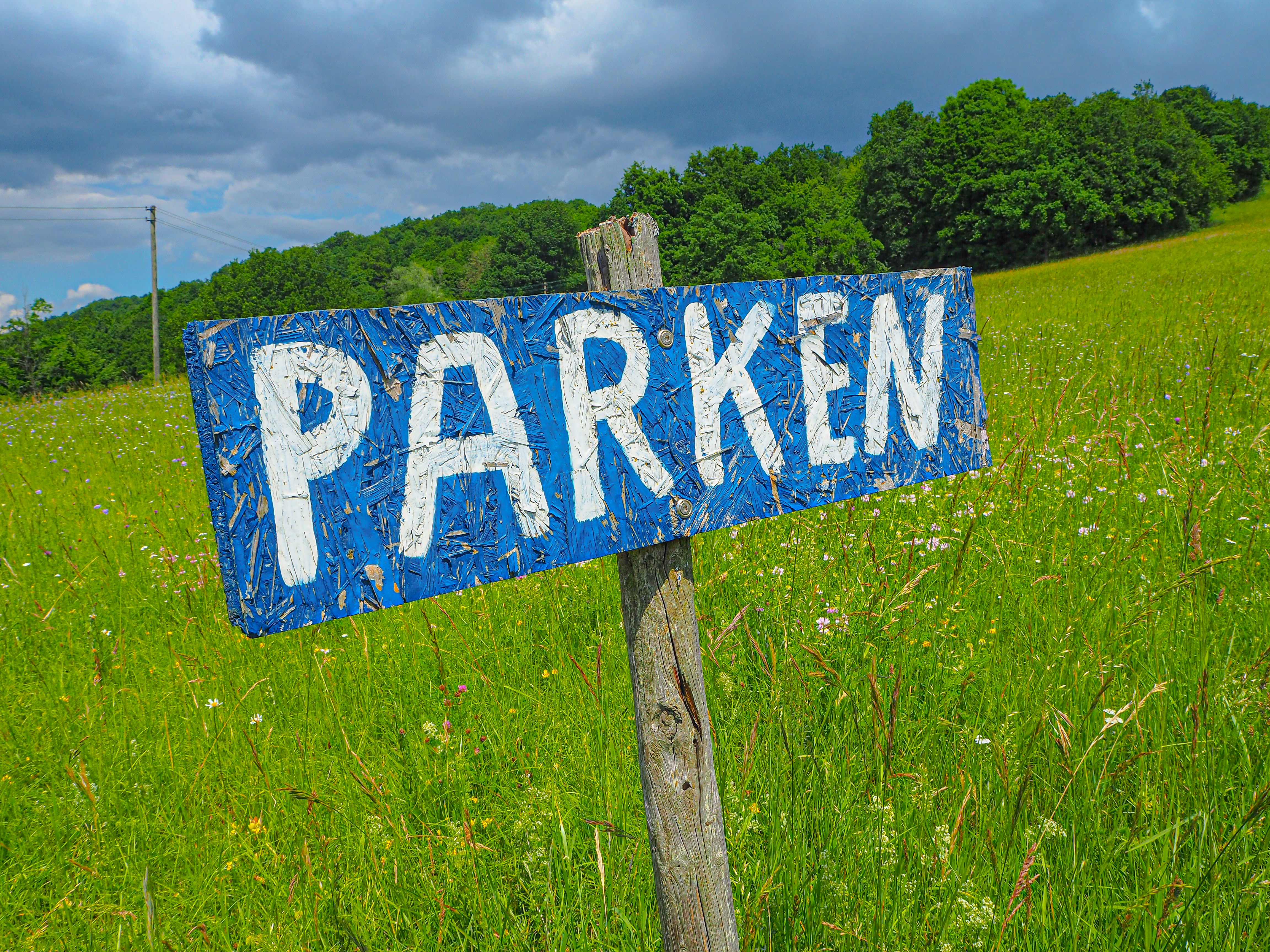 Weathered wooden sign reading 'PARKEN' stands in a lush green field under a cloudy sky.