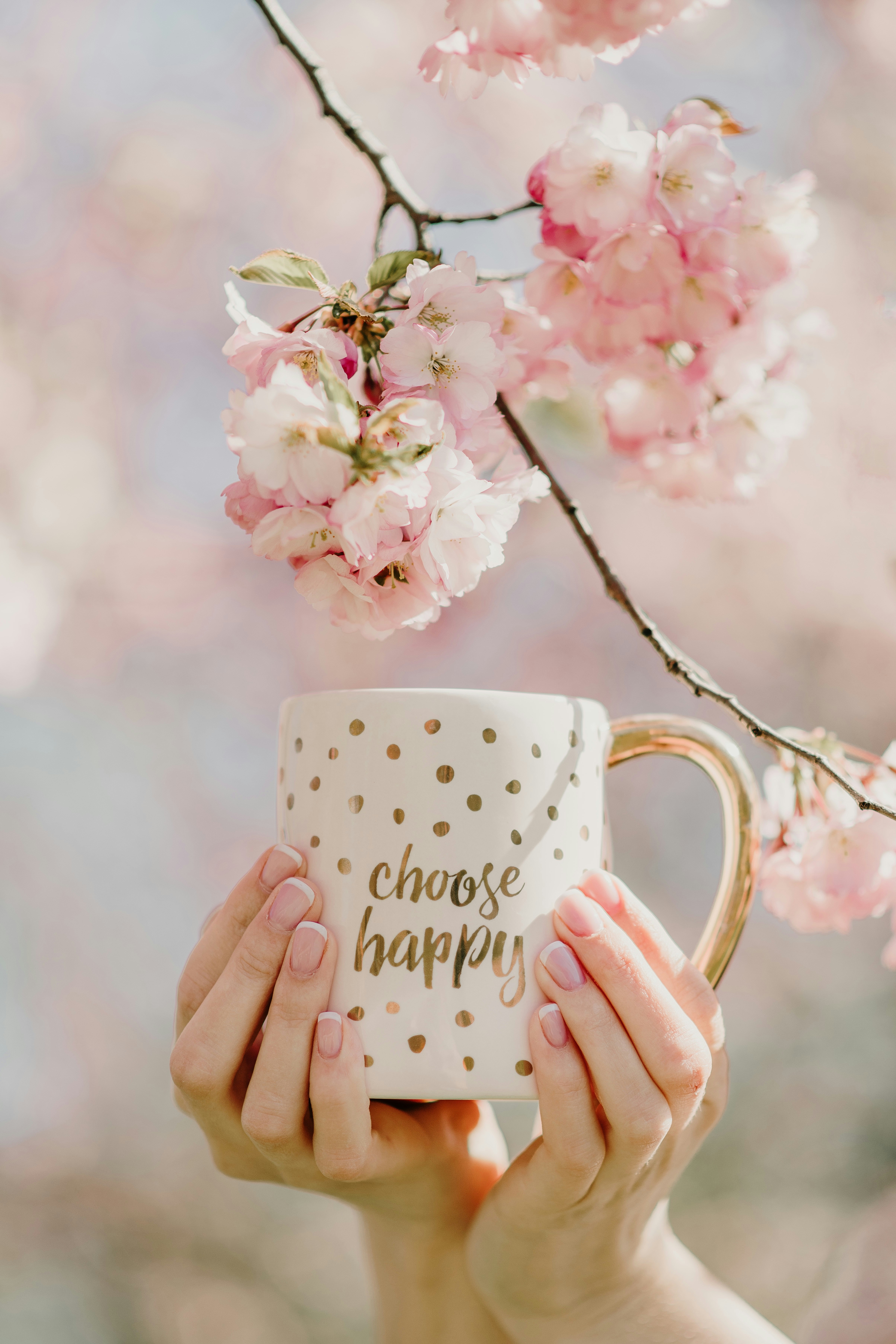 Choose Happy: A Mug Framed by Spring Blossom