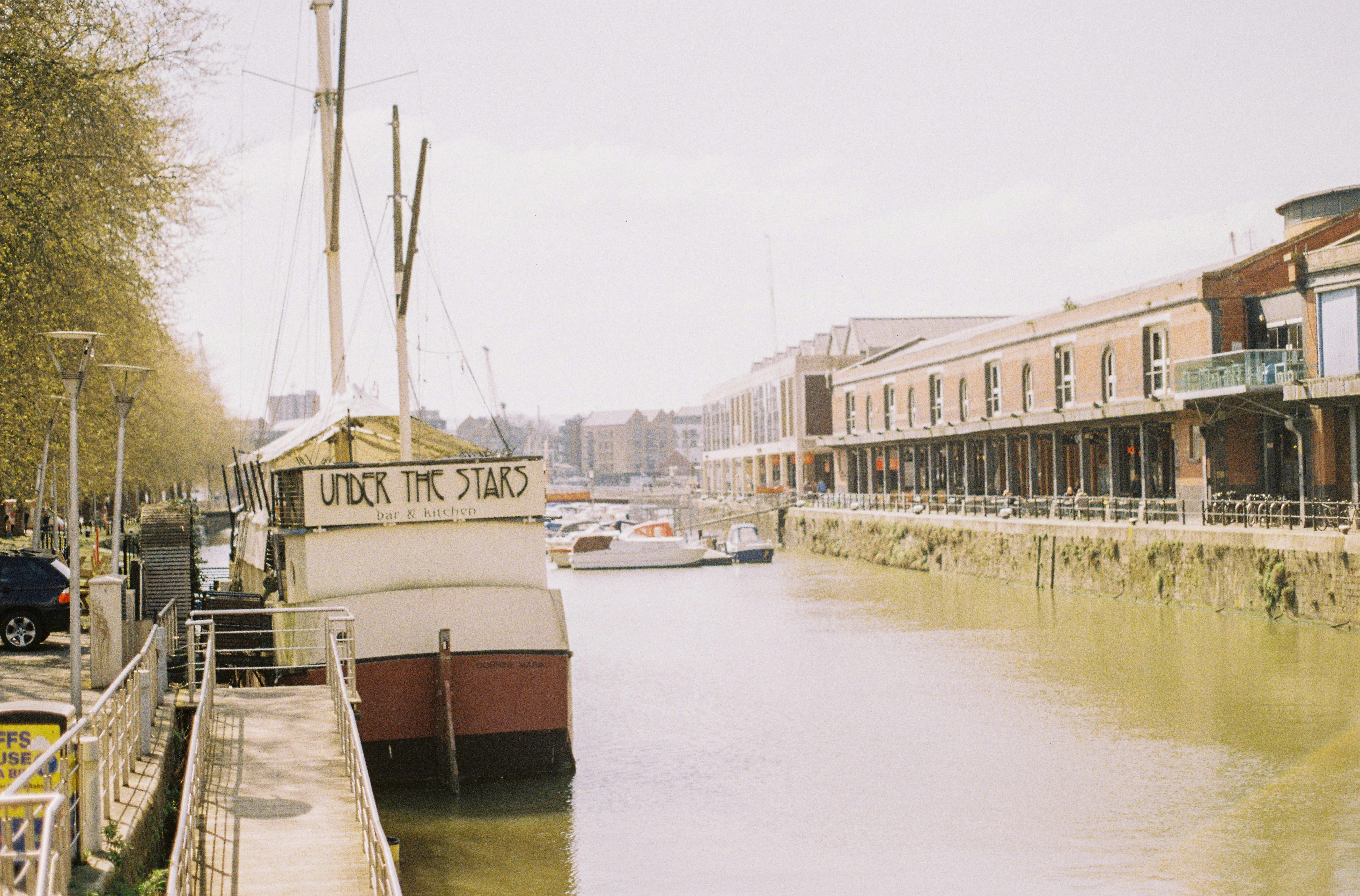Canalfront at Dusk: A Quiet Thames-like Run of Boats and Brickwork