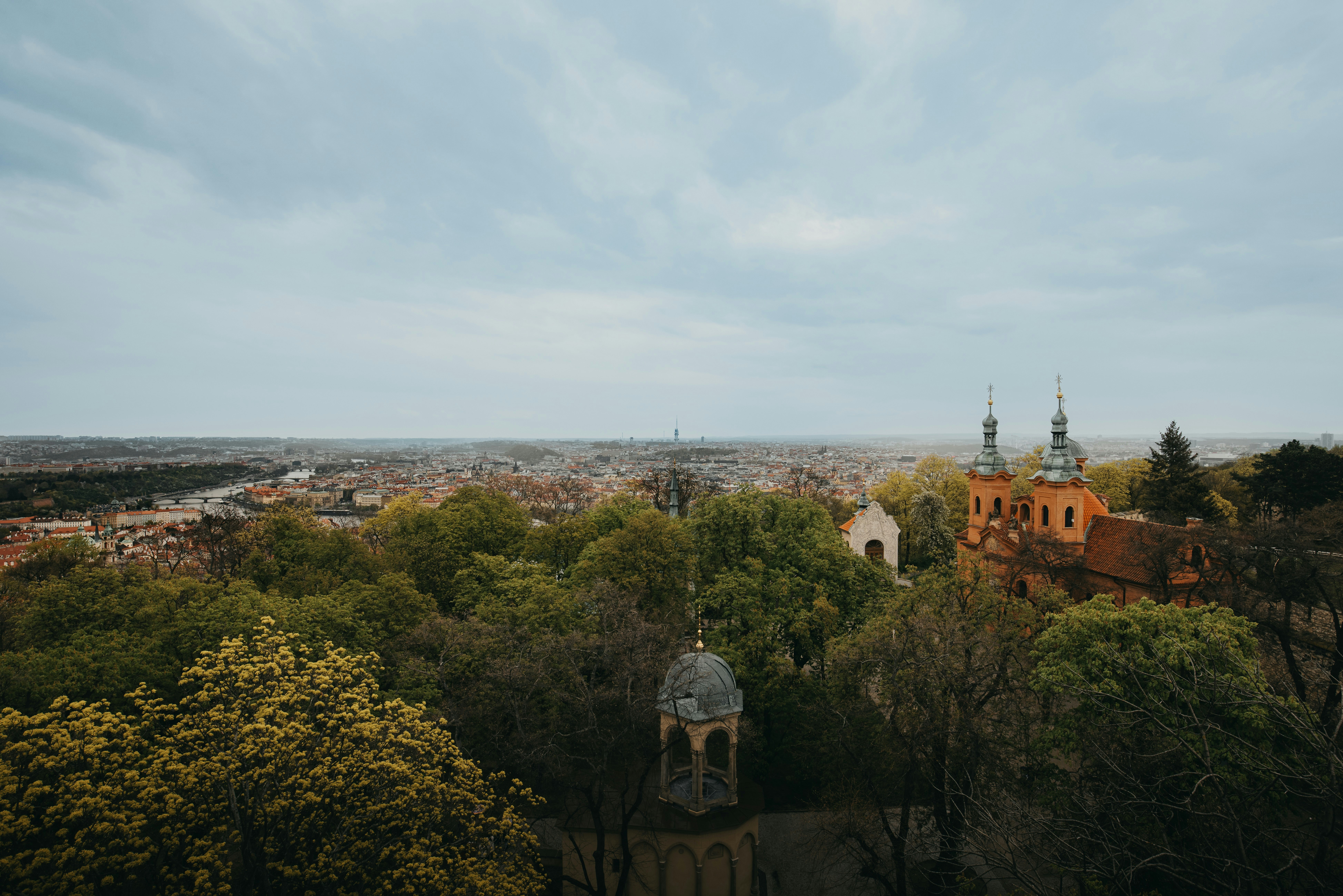 Expansive view of a cityscape framed by lush greenery and historic architecture under a moody sky.