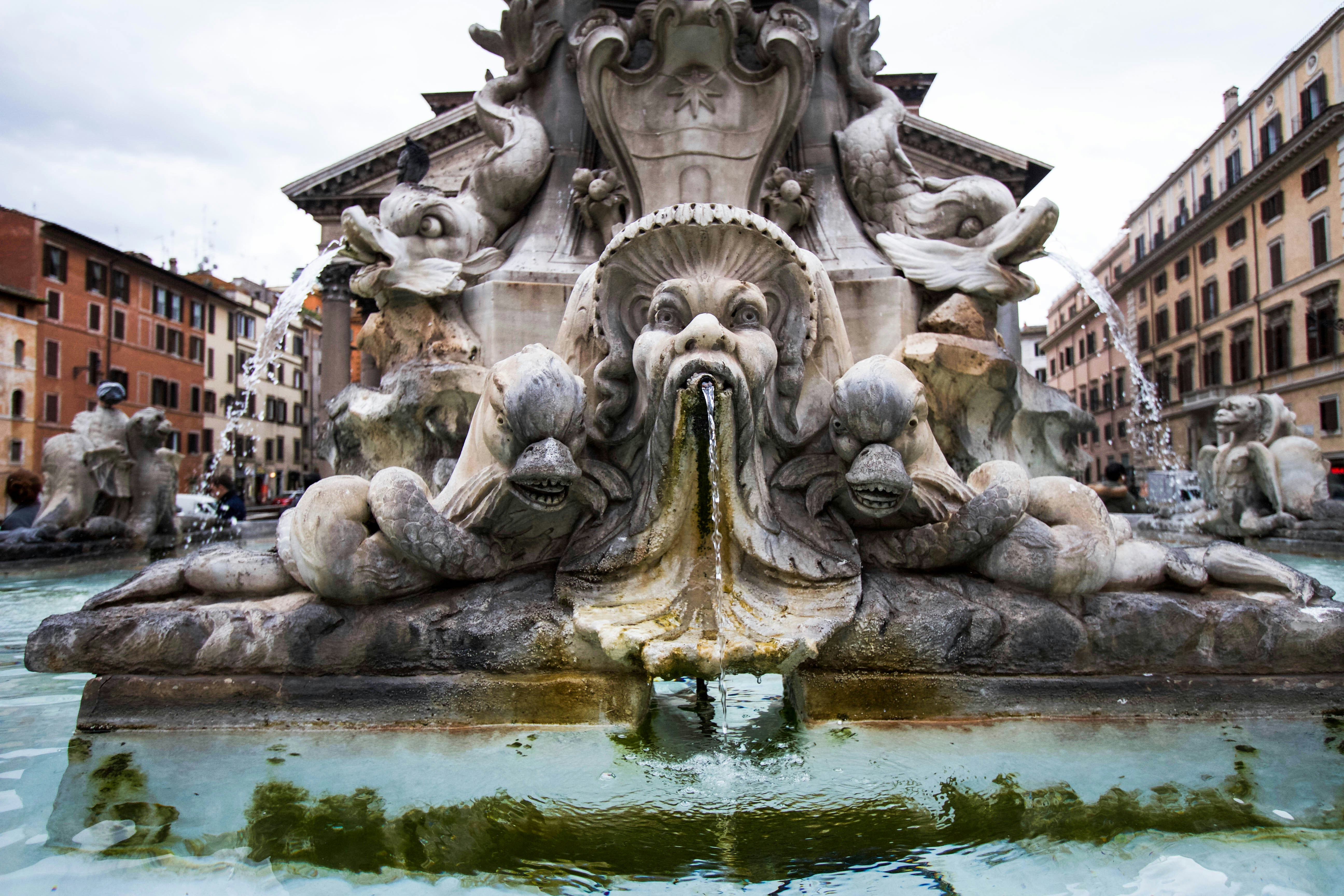 Intricate fountain sculpture featuring mythical creatures and flowing water in a historic square.