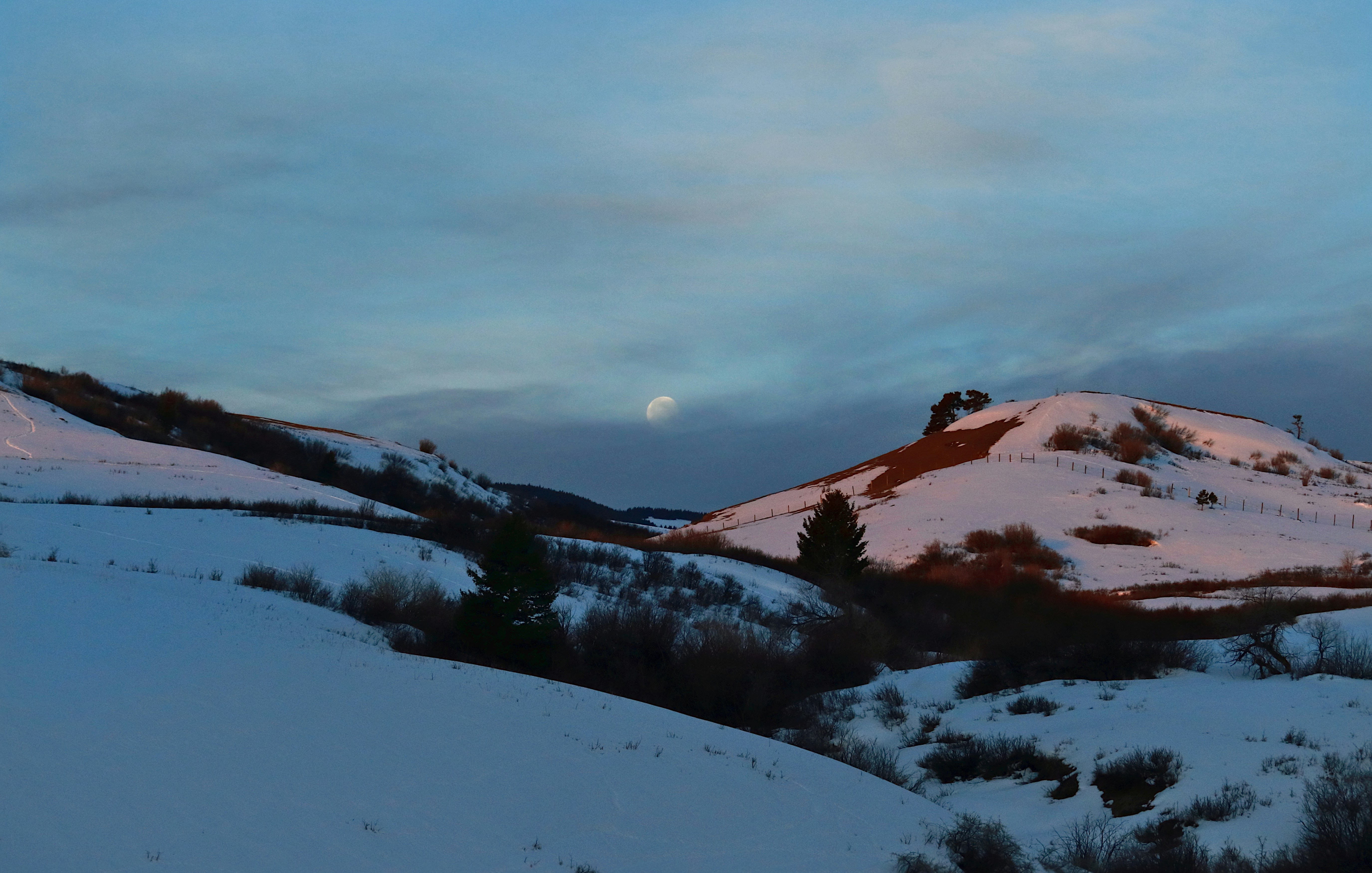 Moon setting behind snow-covered mountains with a pink hue at dawn.