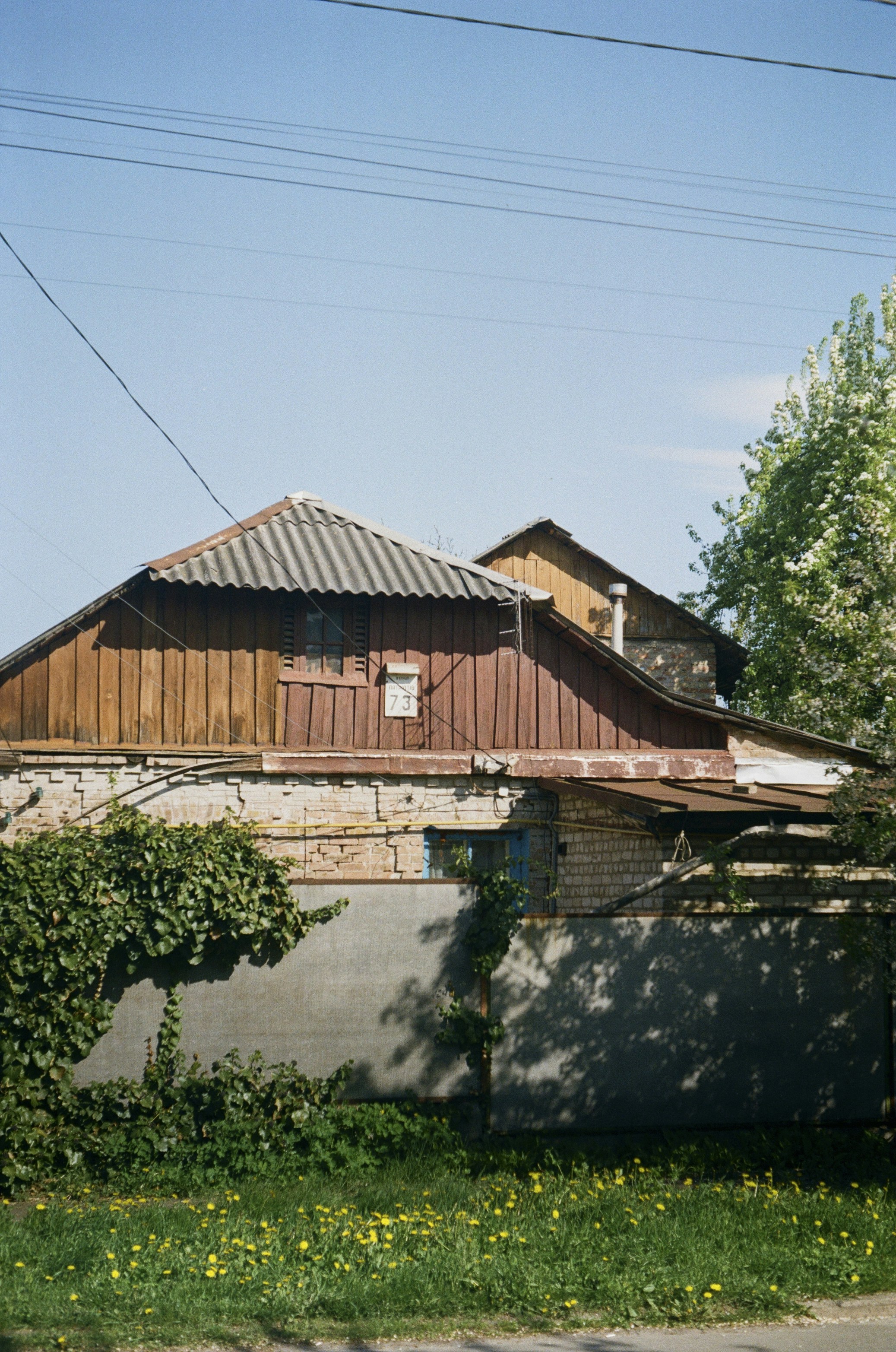 Photograph of a sunlit rural house with a weathered wooden facade, corrugated roof, and ivy-clad wall, set against a bright blue sky.