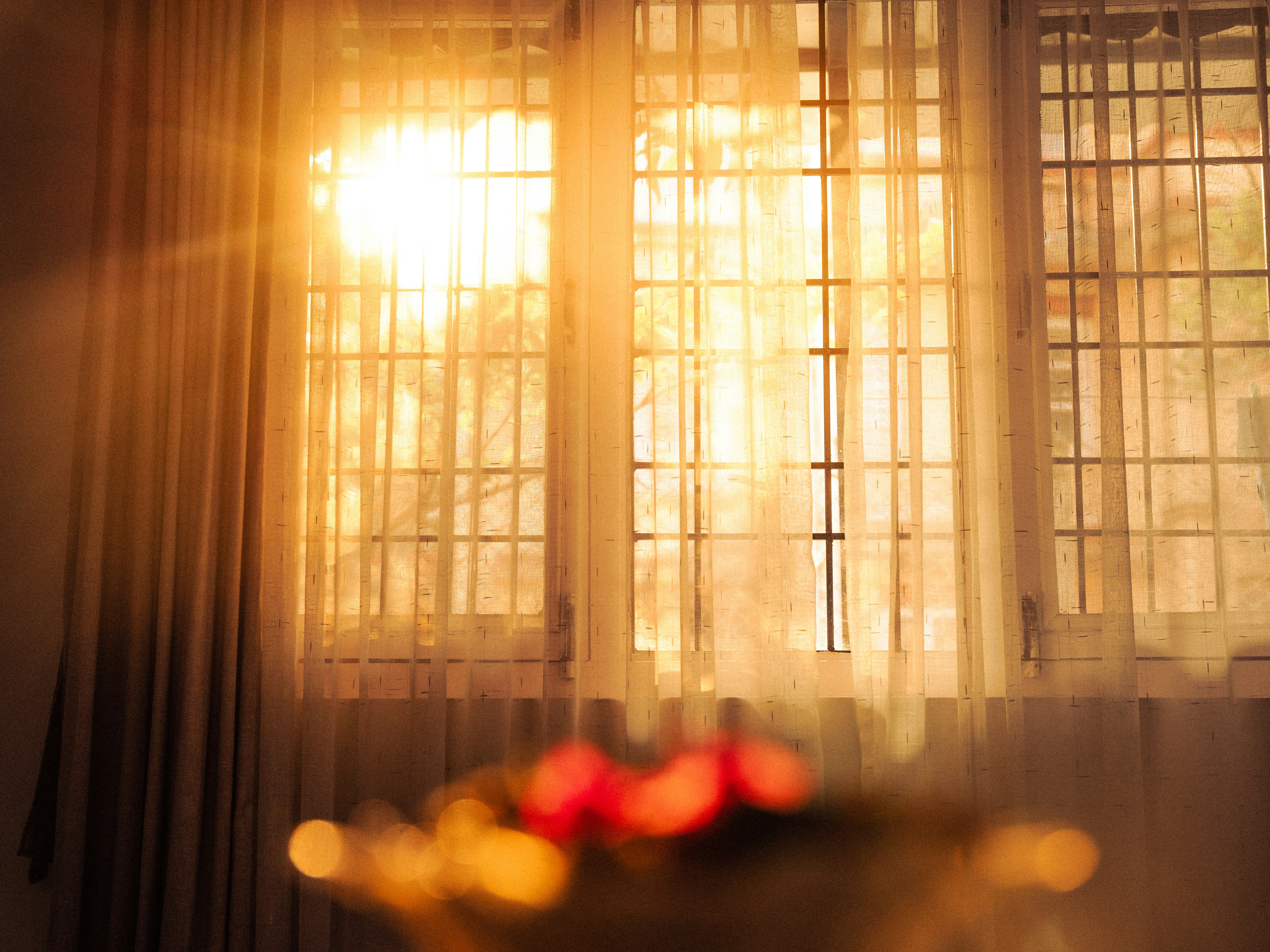 Sunlit Curtain Window: Golden Hour Through Blurred Florals