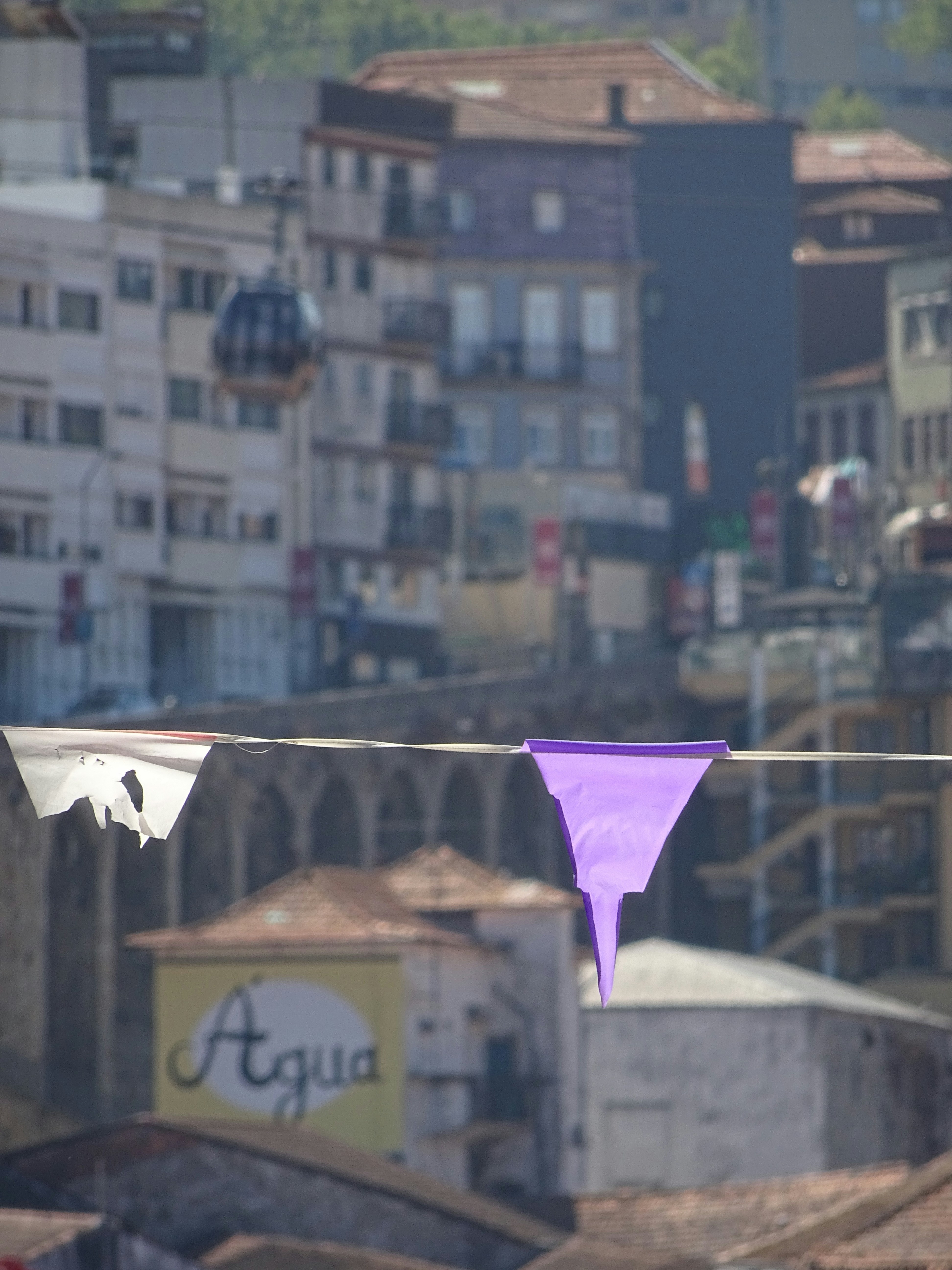 Purple triangular flag on a clothesline stretches across a blurred urban backdrop of rooftops and buildings in a photograph. The shallow depth of field highlights the flag as the focal point.