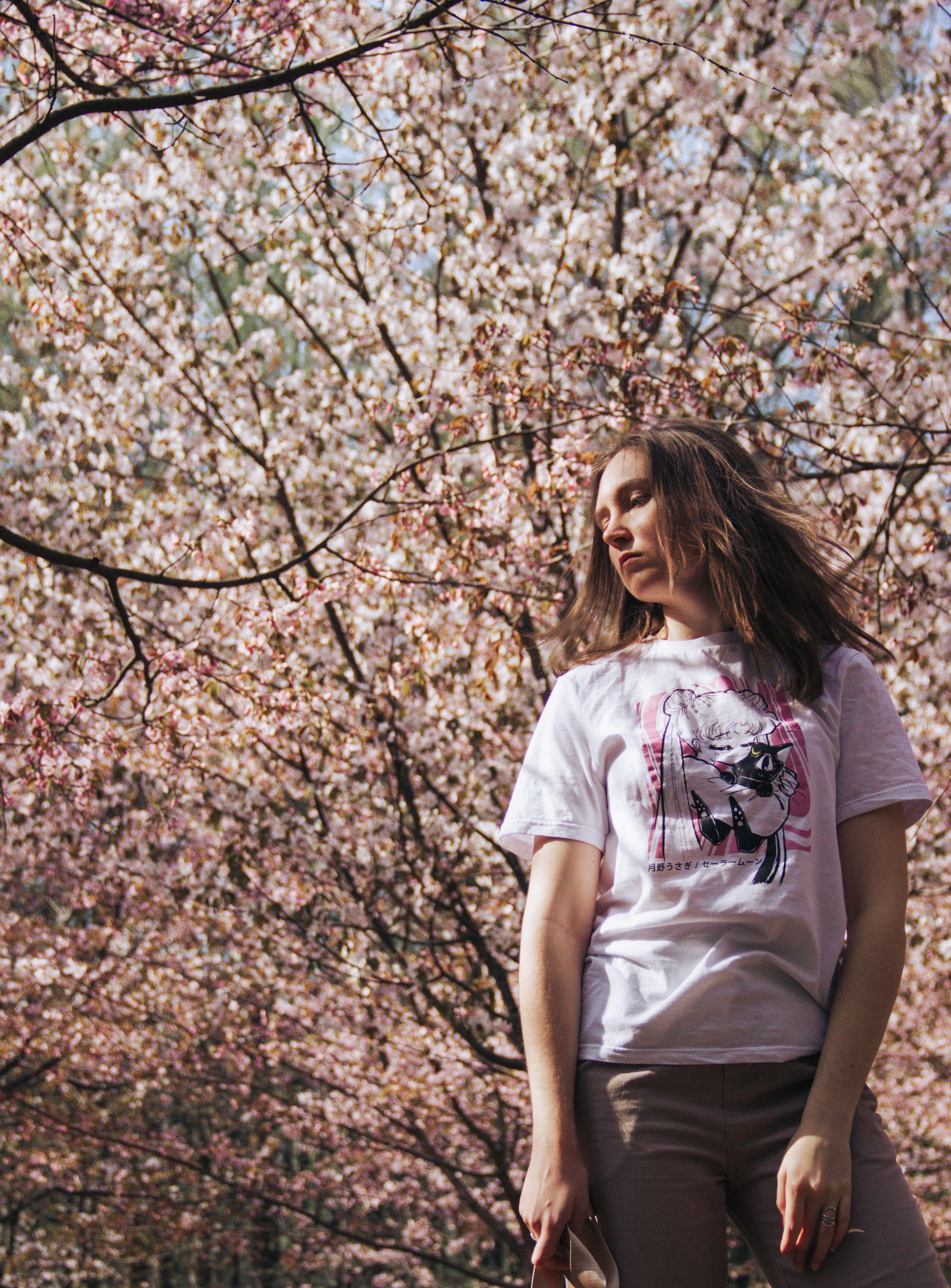 Petal-Draped Portrait Beneath a Cherry Blossom Veil