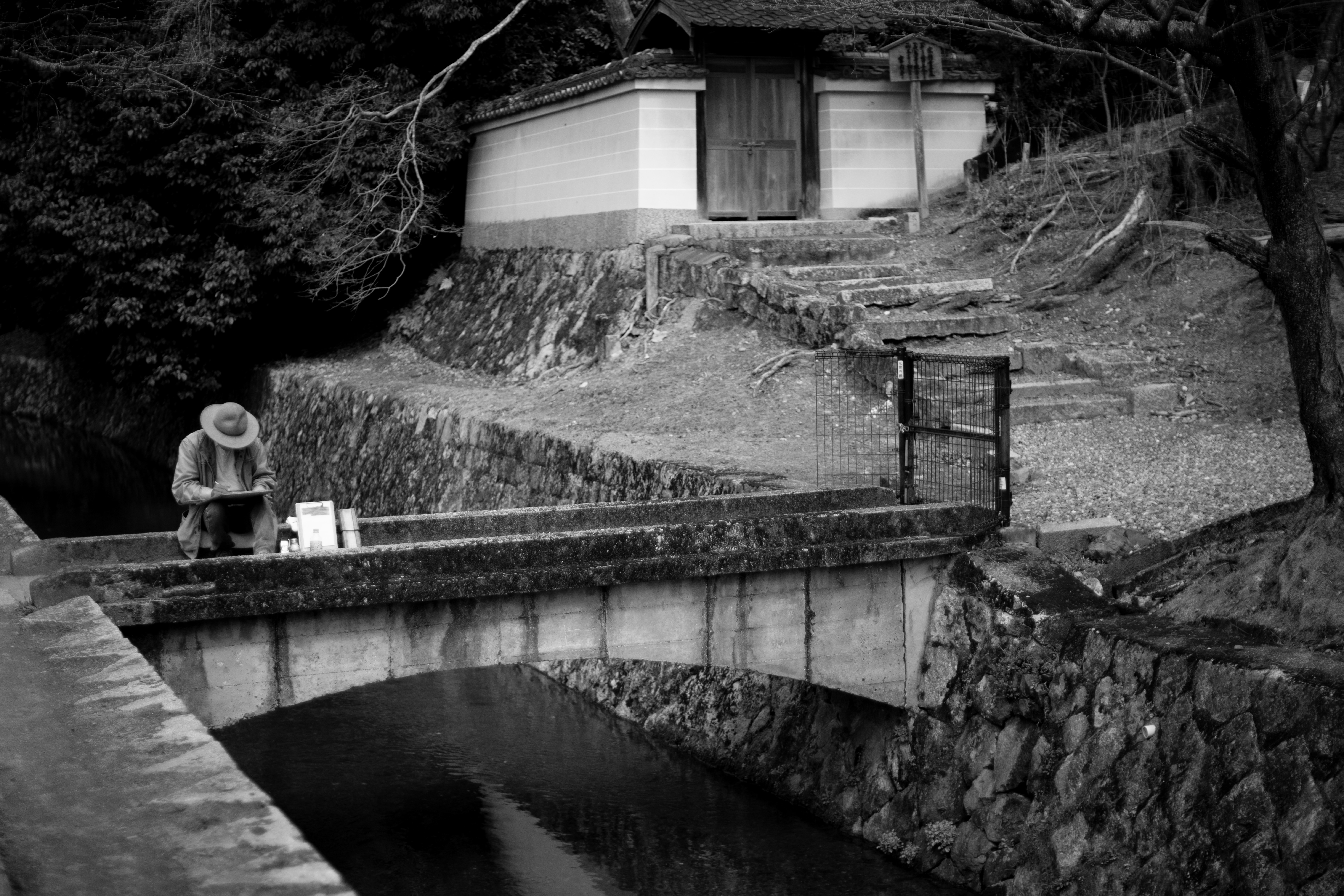 Quiet Waterside Portrait: A Lone Worker by the Moss-Topped Canal