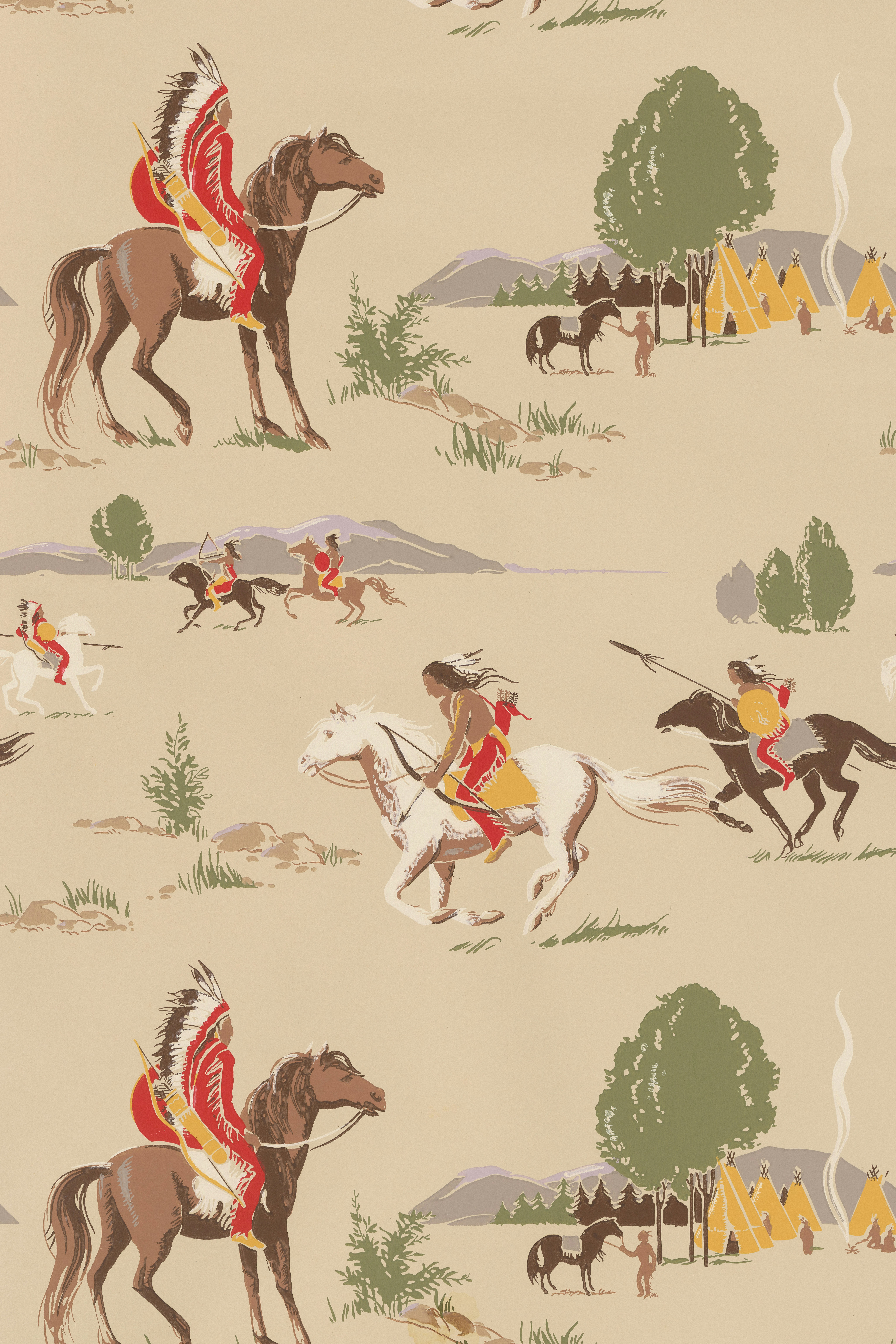 Illustration of riders on white horses and warriors with feathered regalia charging across a plains landscape. Teepees and campfires are visible in the background.
